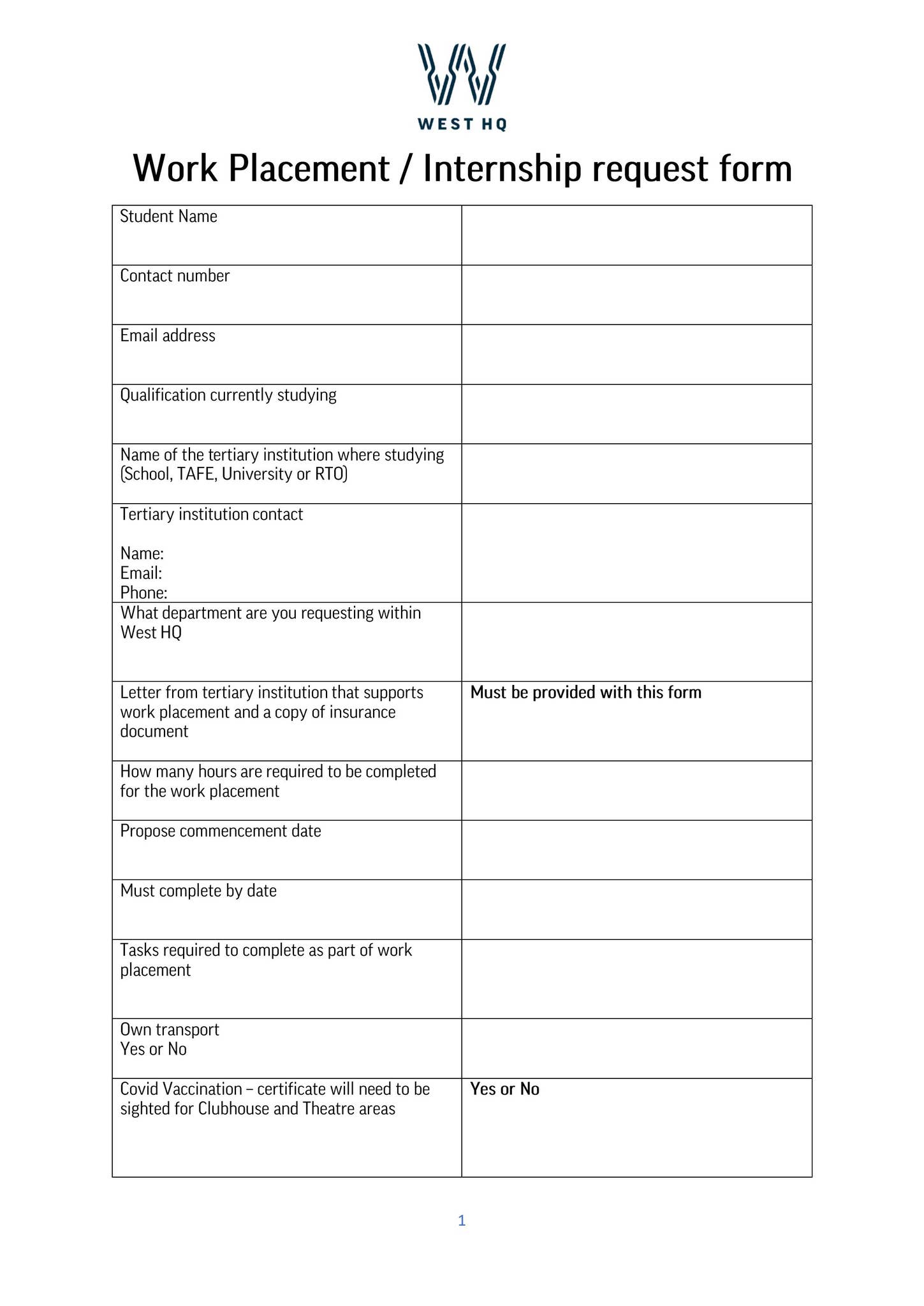 West HQ – Work Placement Request Form by westhq - Issuu