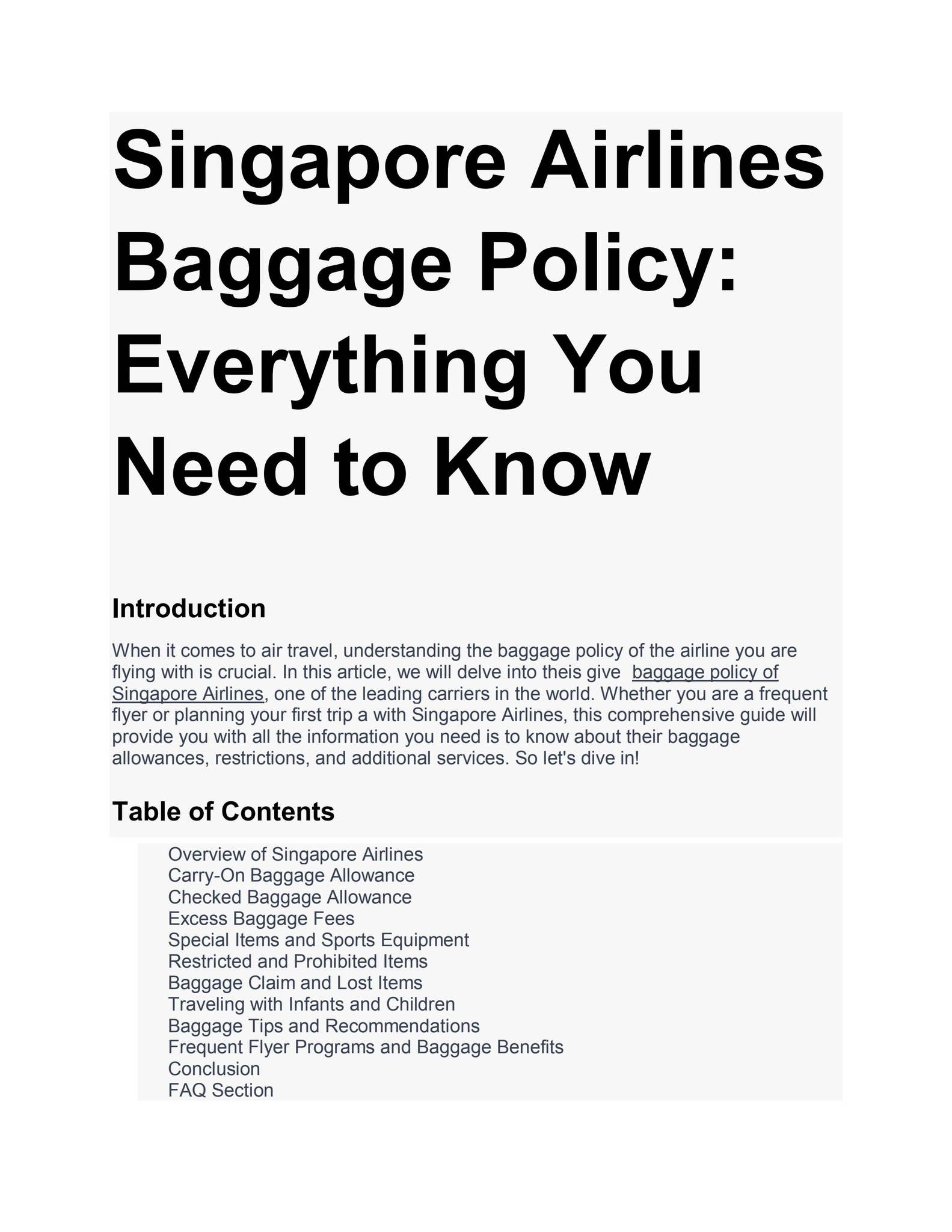 Singapore Airline Baggage Policy