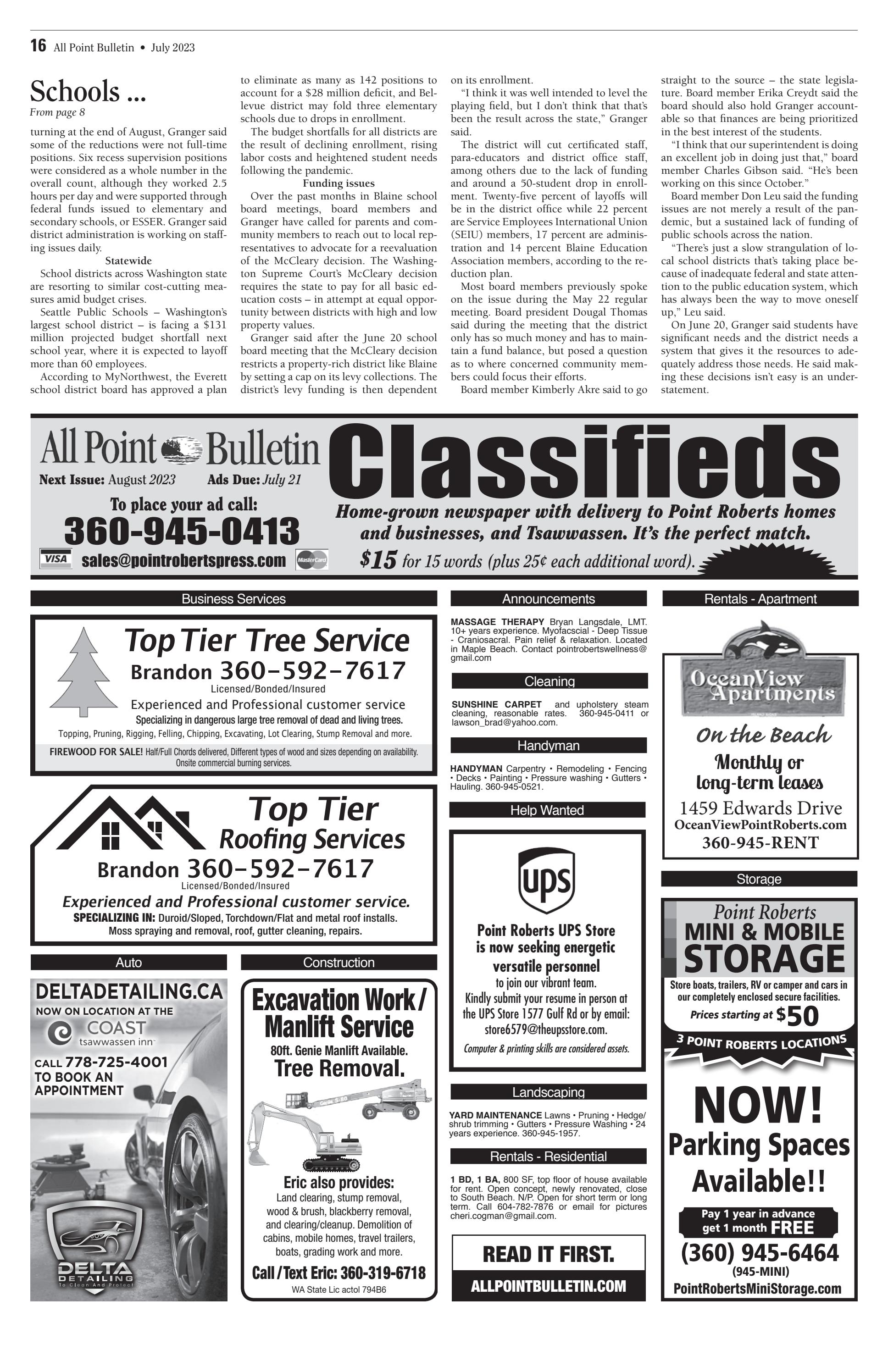 All Point Bulletin classifieds - July issue by Point Roberts Press - Issuu