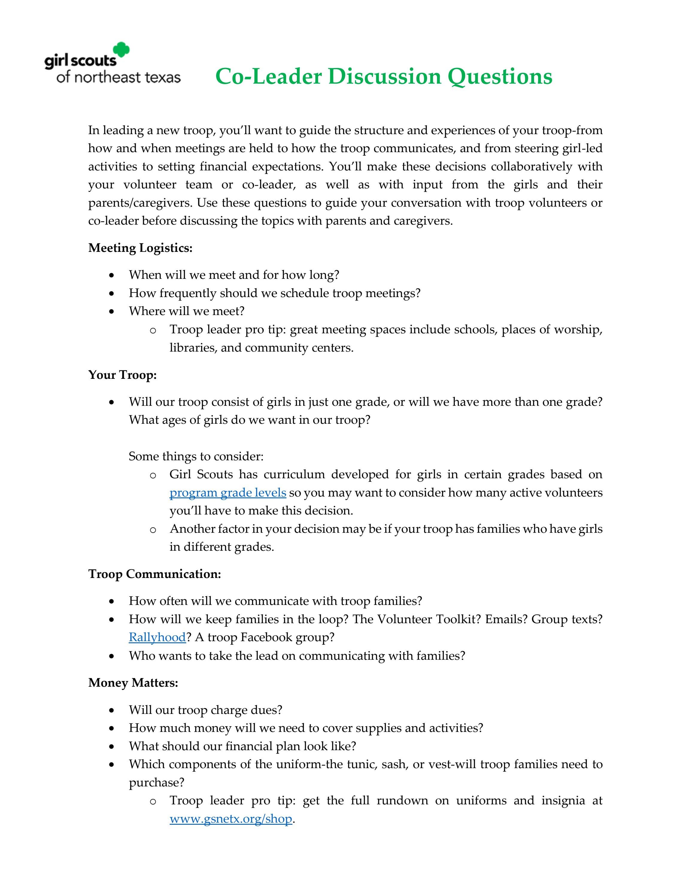 Co-leader Discussion Questions by Girl Scouts of Northeast Texas - Issuu