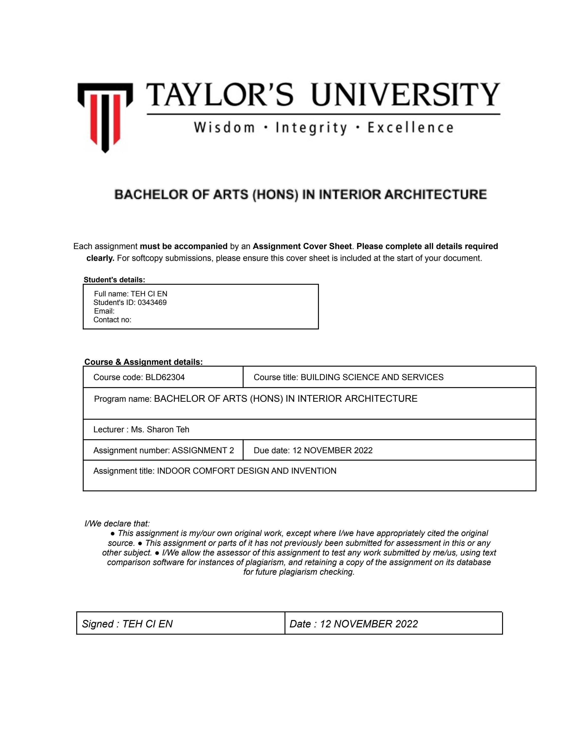 Teh Ci En 0343469 - Building Science & Services Module (SEM3) by ...