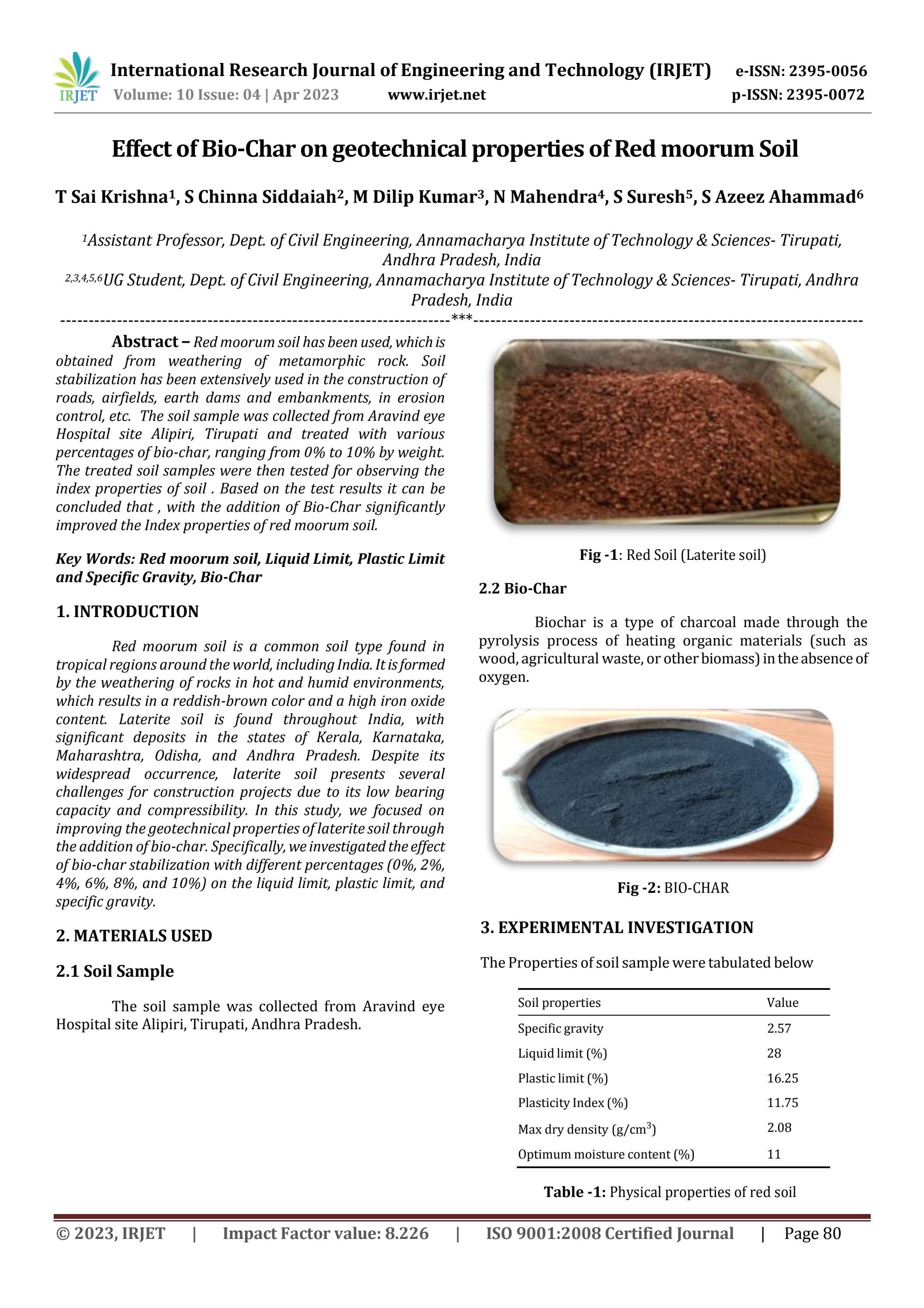 Effect of Bio-Char on geotechnical properties of Red moorum Soil by ...