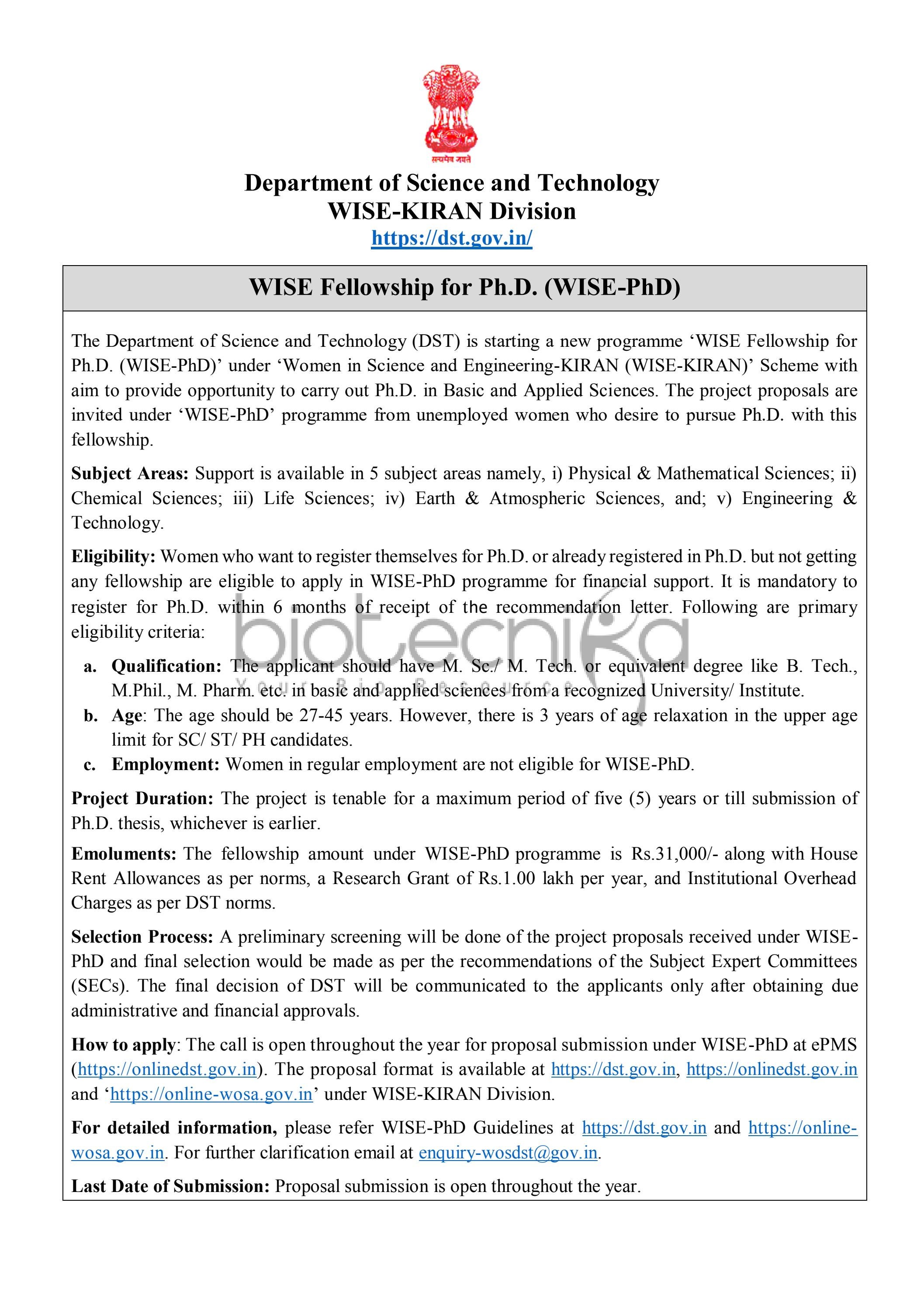 DST WISE Fellowship for Ph.D. (WISE-PhD) 2023 - Applications Invited by ...