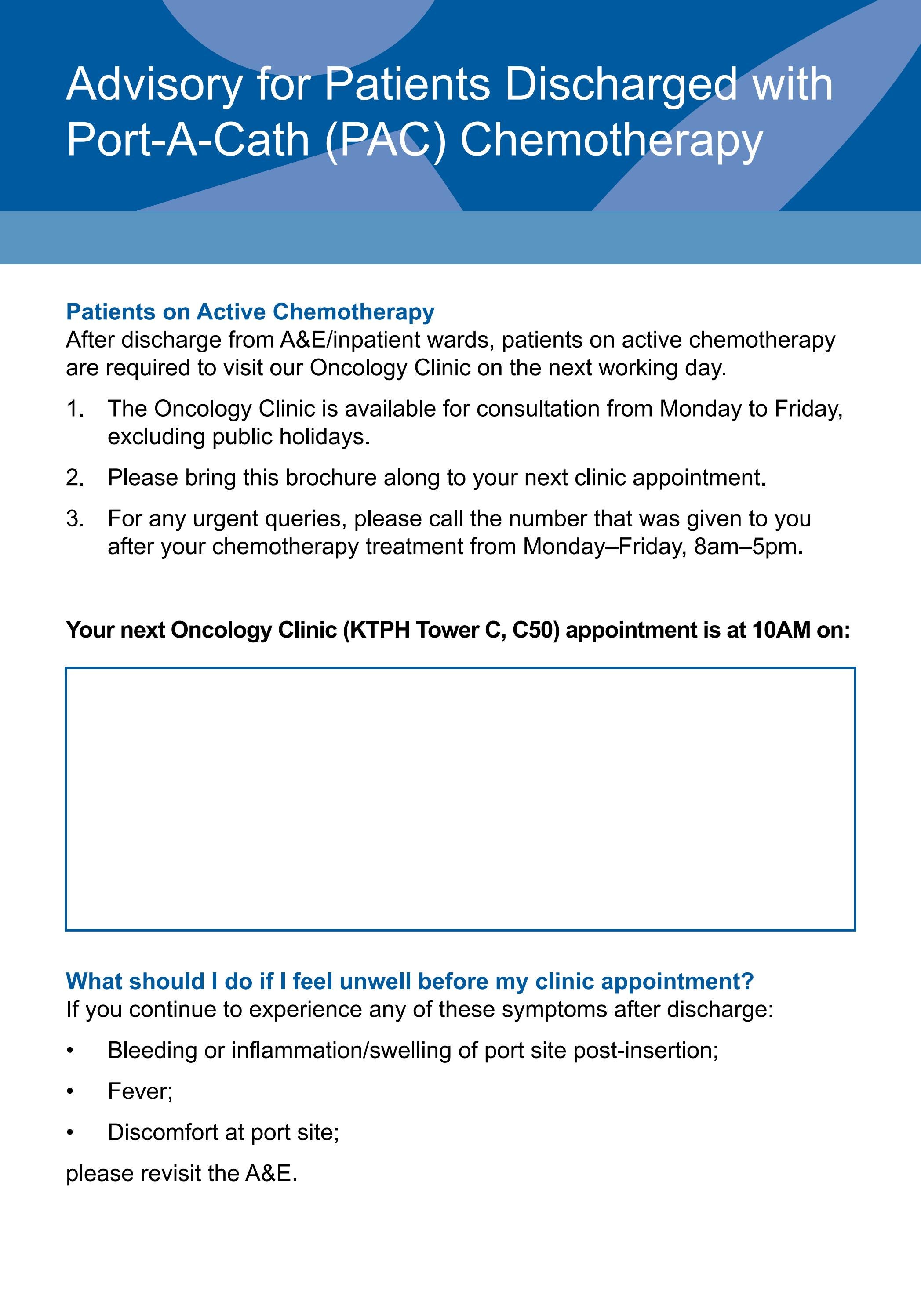 Advisory for Patients Discharged with Port-A-Cath (PAC) Chemotherapy by ...
