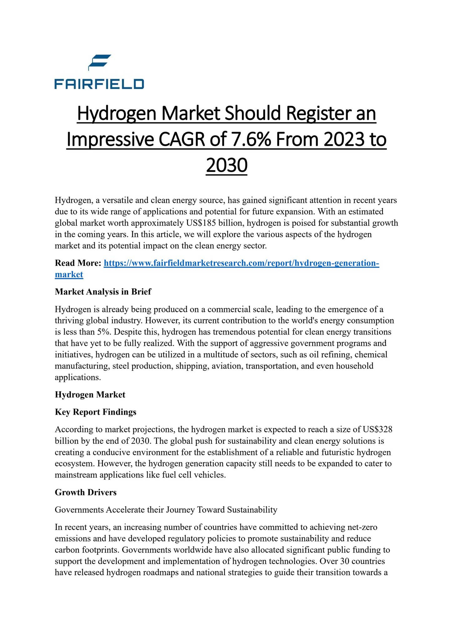 Hydrogen Market Should Register an Impressive CAGR of 7.6% From 2023 to ...