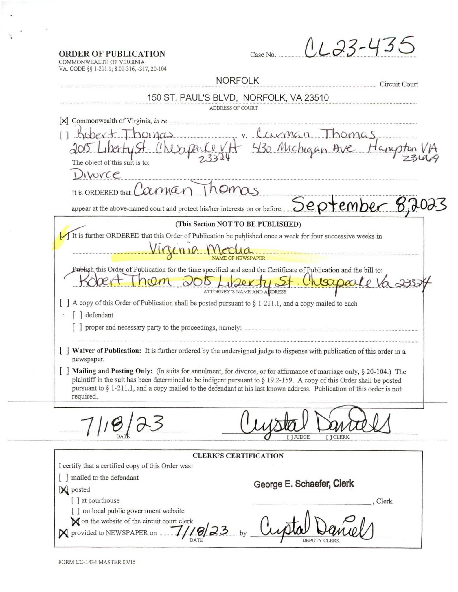 CL23-435 Order of Publication by Norfolk Circuit Court Clerk's Office ...