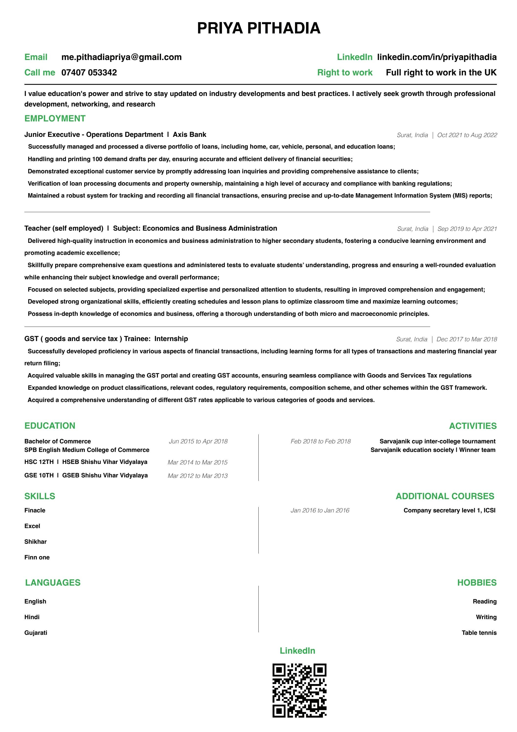 Priya Pithadia | Curriculum Vitae by Priya Pithadia - Issuu