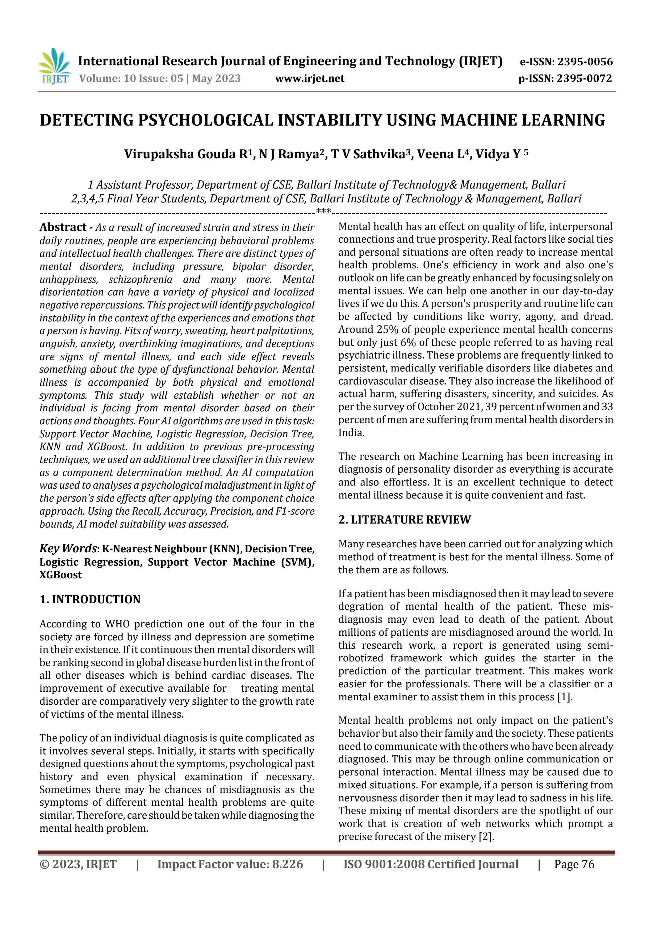 DETECTING PSYCHOLOGICAL INSTABILITY USING MACHINE LEARNING by IRJET ...