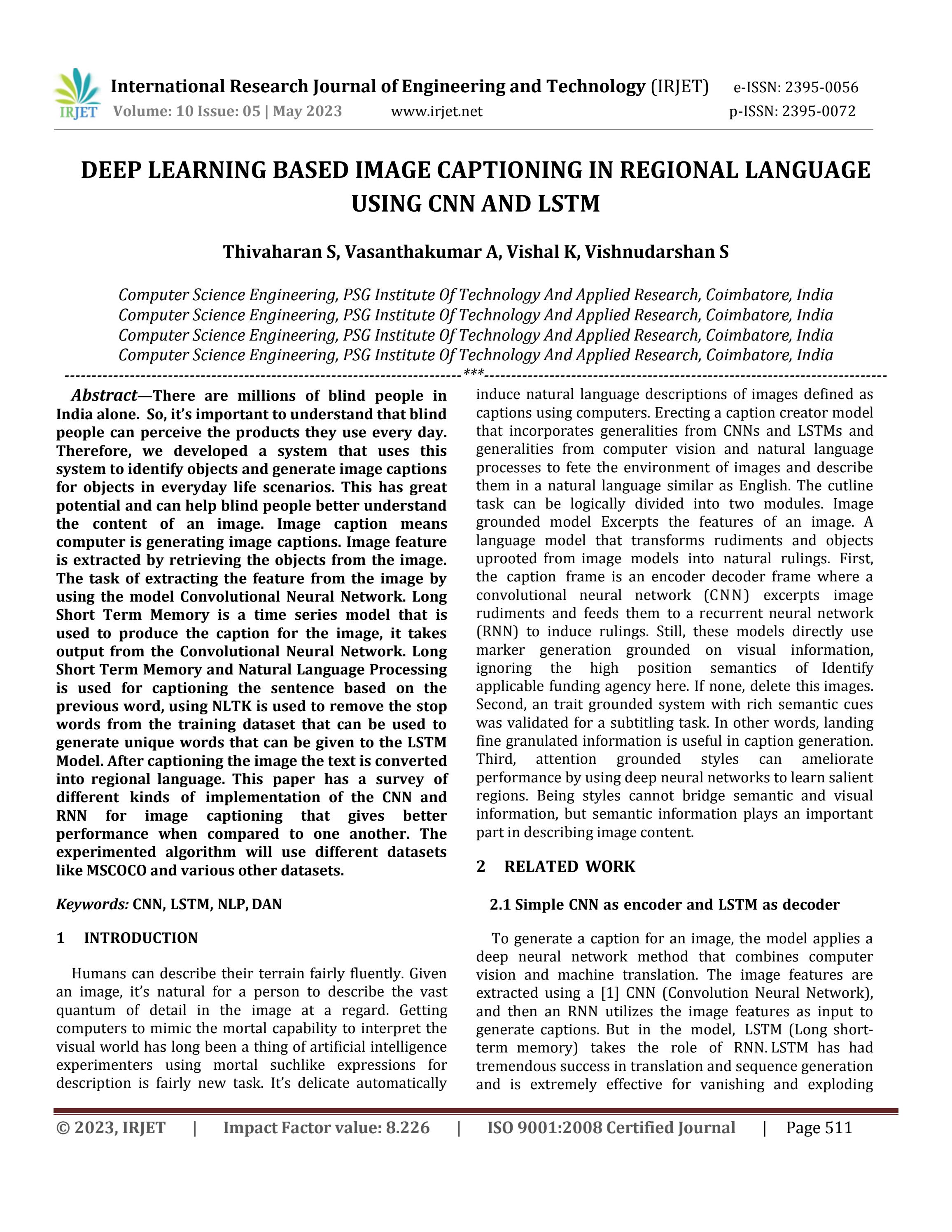 DEEP LEARNING BASED IMAGE CAPTIONING IN REGIONAL LANGUAGE USING CNN AND LSTM by IRJET Journal ...