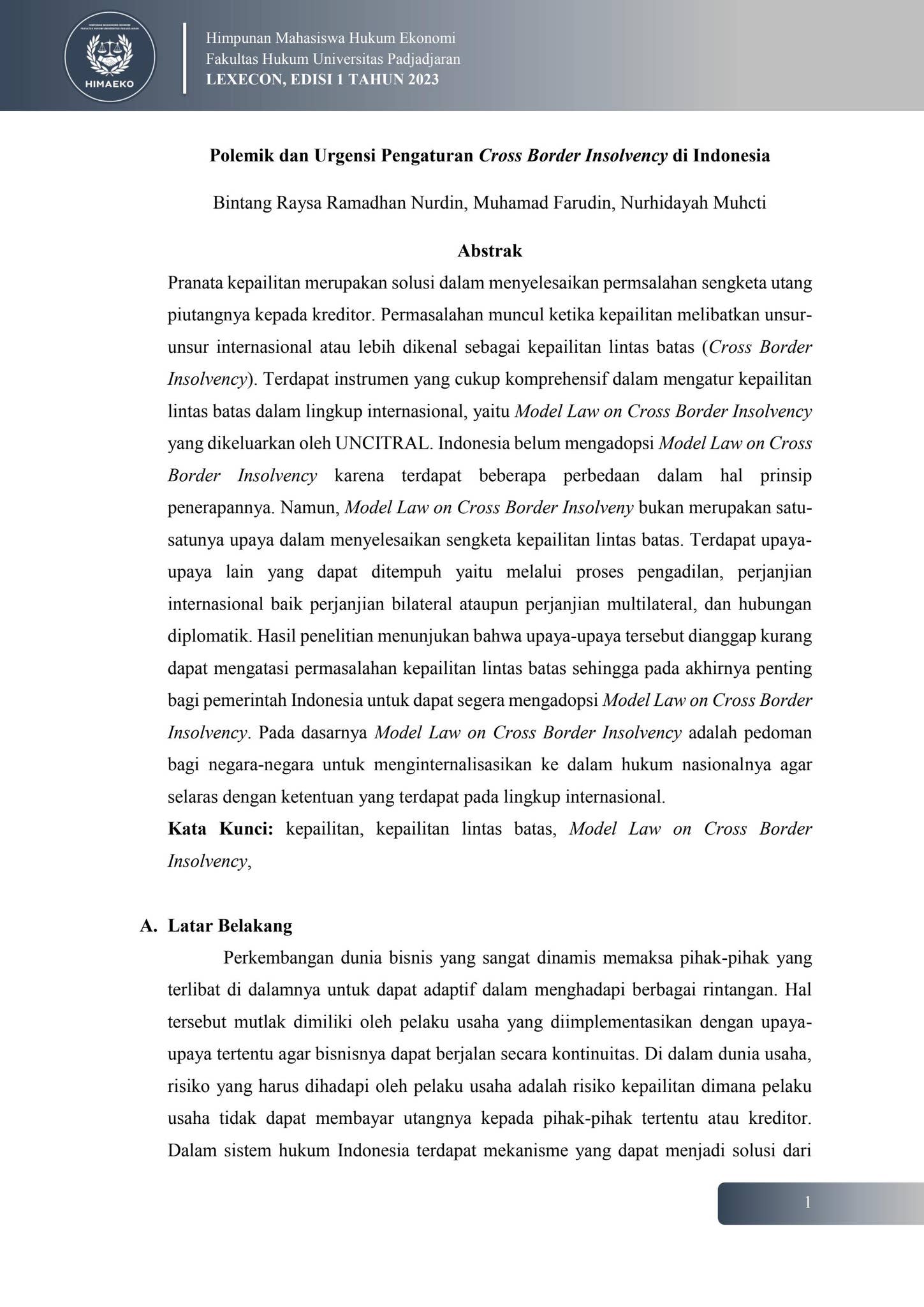 Polemik dan Urgensi Pengaturan Cross Border Insolvency di Indonesia by ...