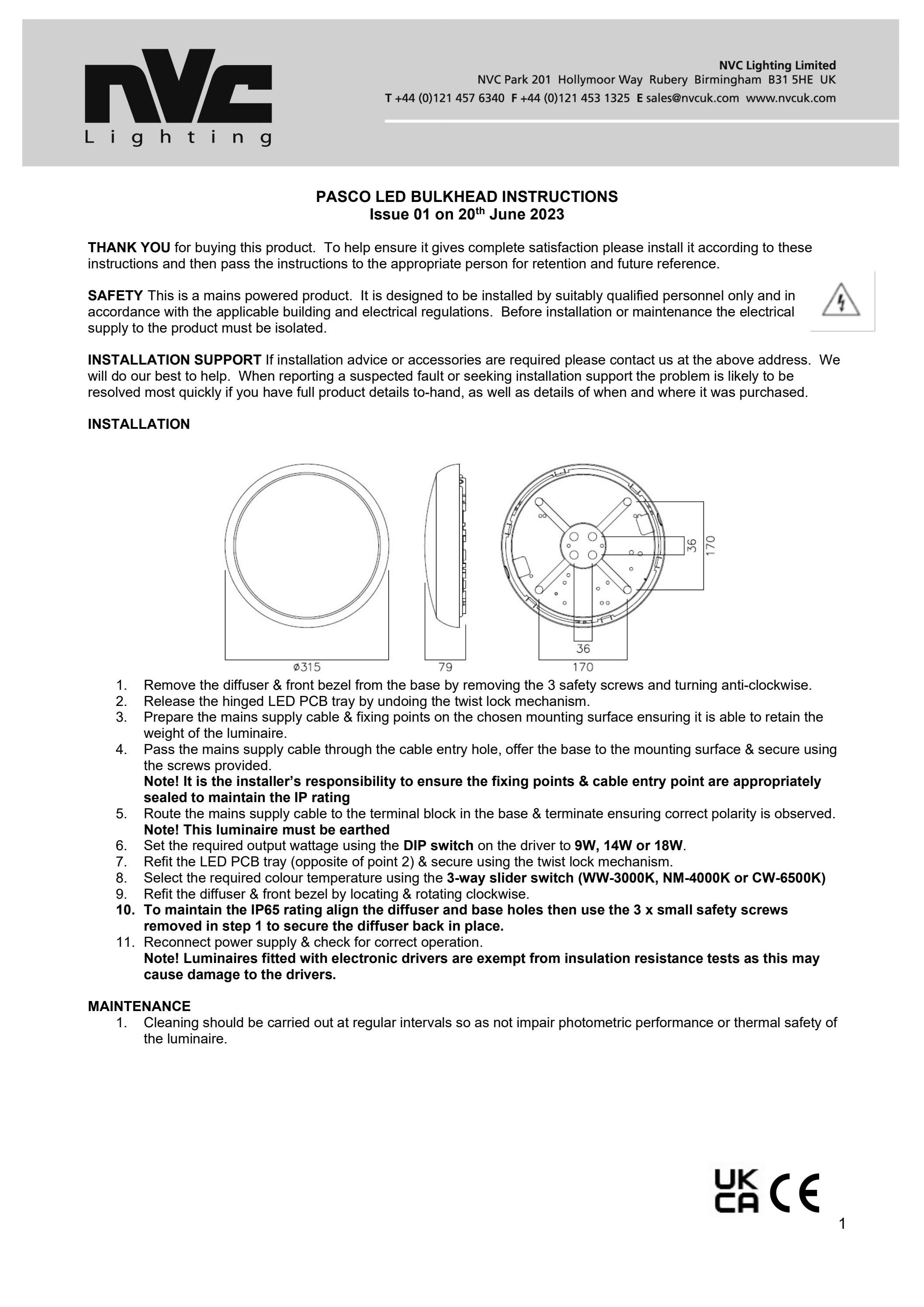 PASCO - IP65 LED Bulkhead - Instruction sheet by NVC Lighting UK - Issuu