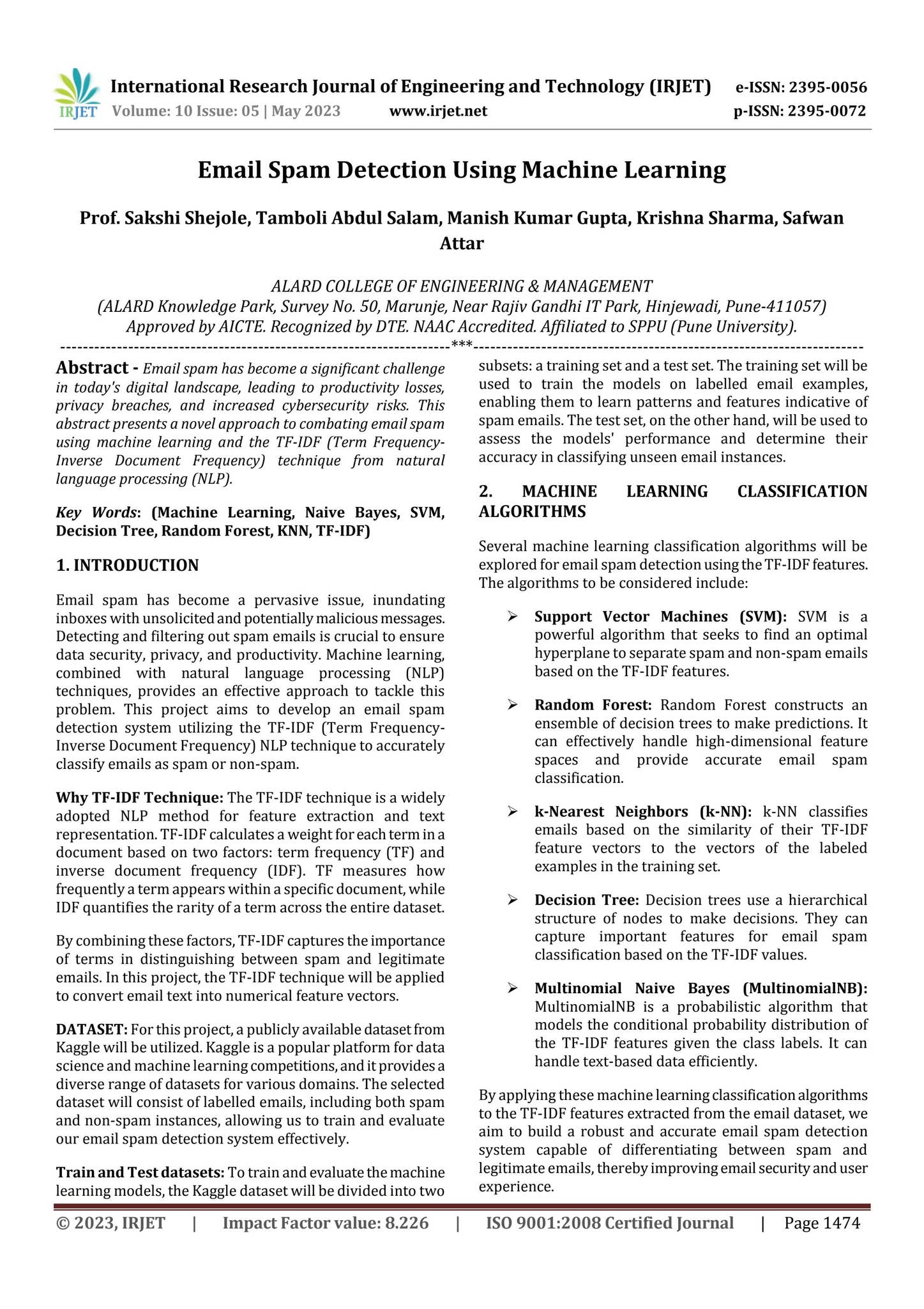 Email Spam Detection Using Machine Learning by IRJET Journal - Issuu
