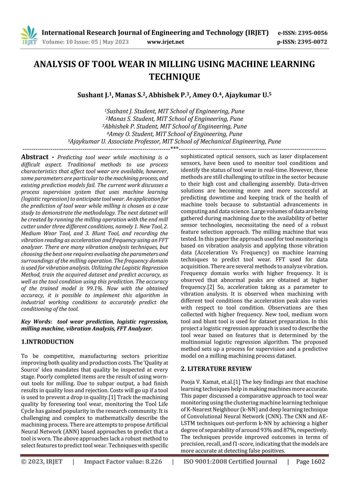 ANALYSIS OF TOOL WEAR IN MILLING USING MACHINE LEARNING TECHNIQUE by ...