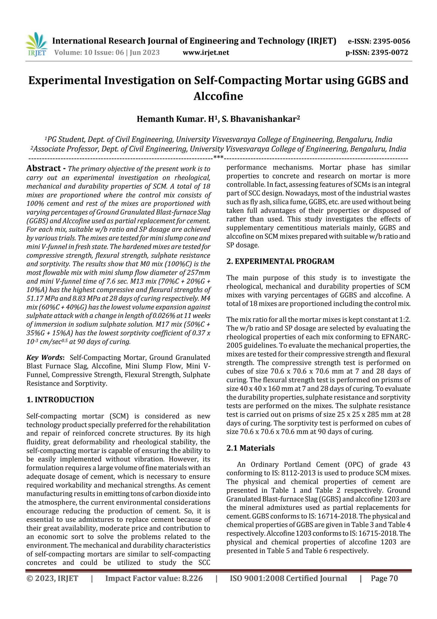 Experimental Investigation on Self-Compacting Mortar using GGBS and ...