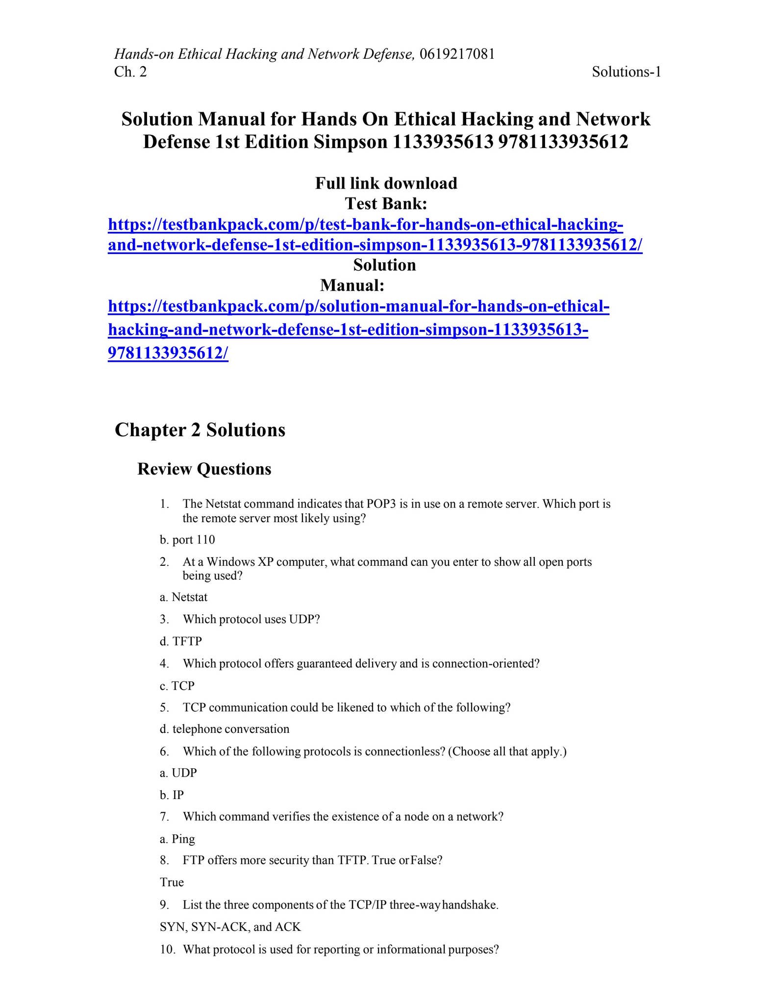Solution manual for hands on ethical hacking and network defense 1st edition simpson 1133935613 ...