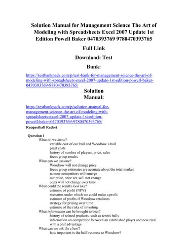 Solution Manual for Management Science The Art of Modeling with Spreadsheets Excel 2007 Update ...