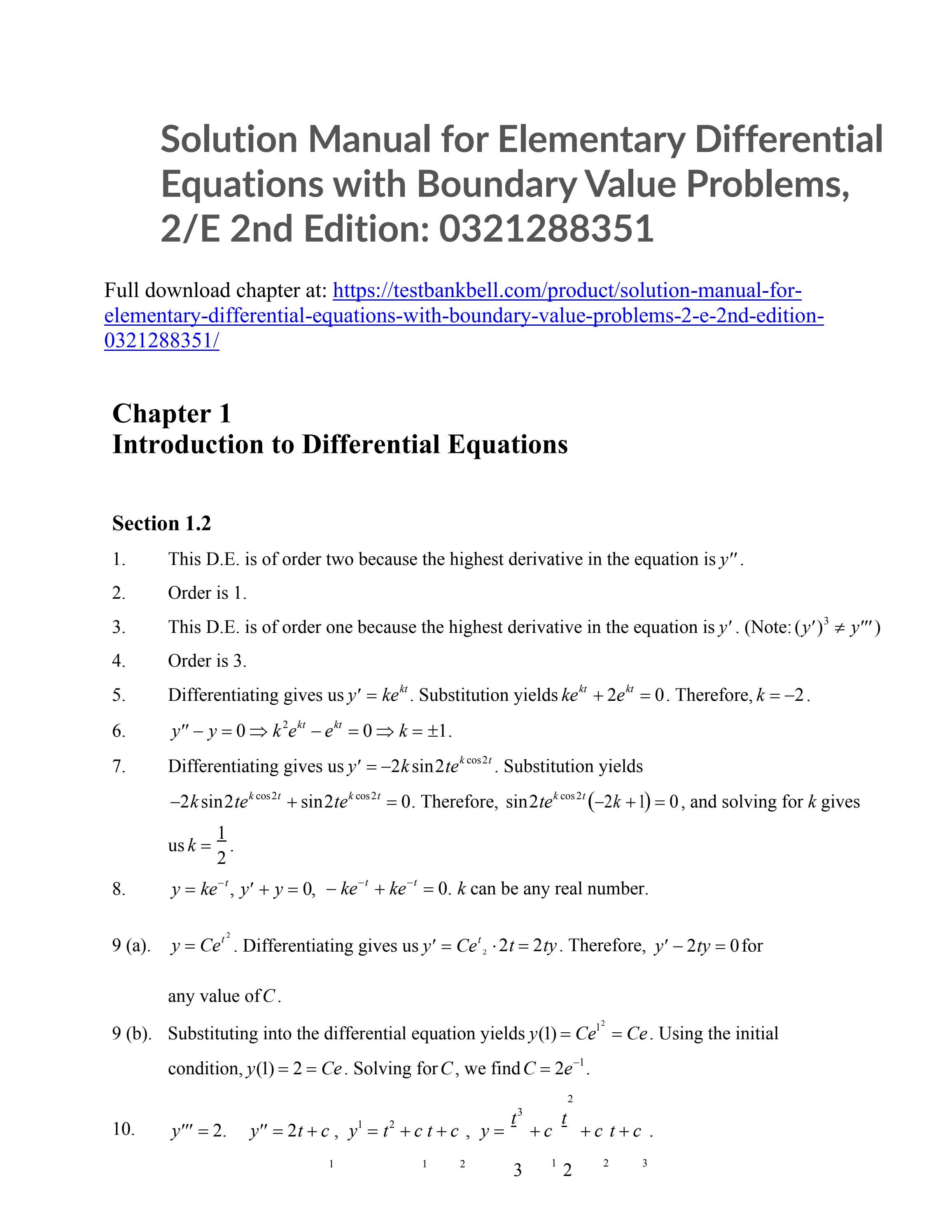 Solution manual for elementary differential equations with boundary value problems 2 e 2nd ...
