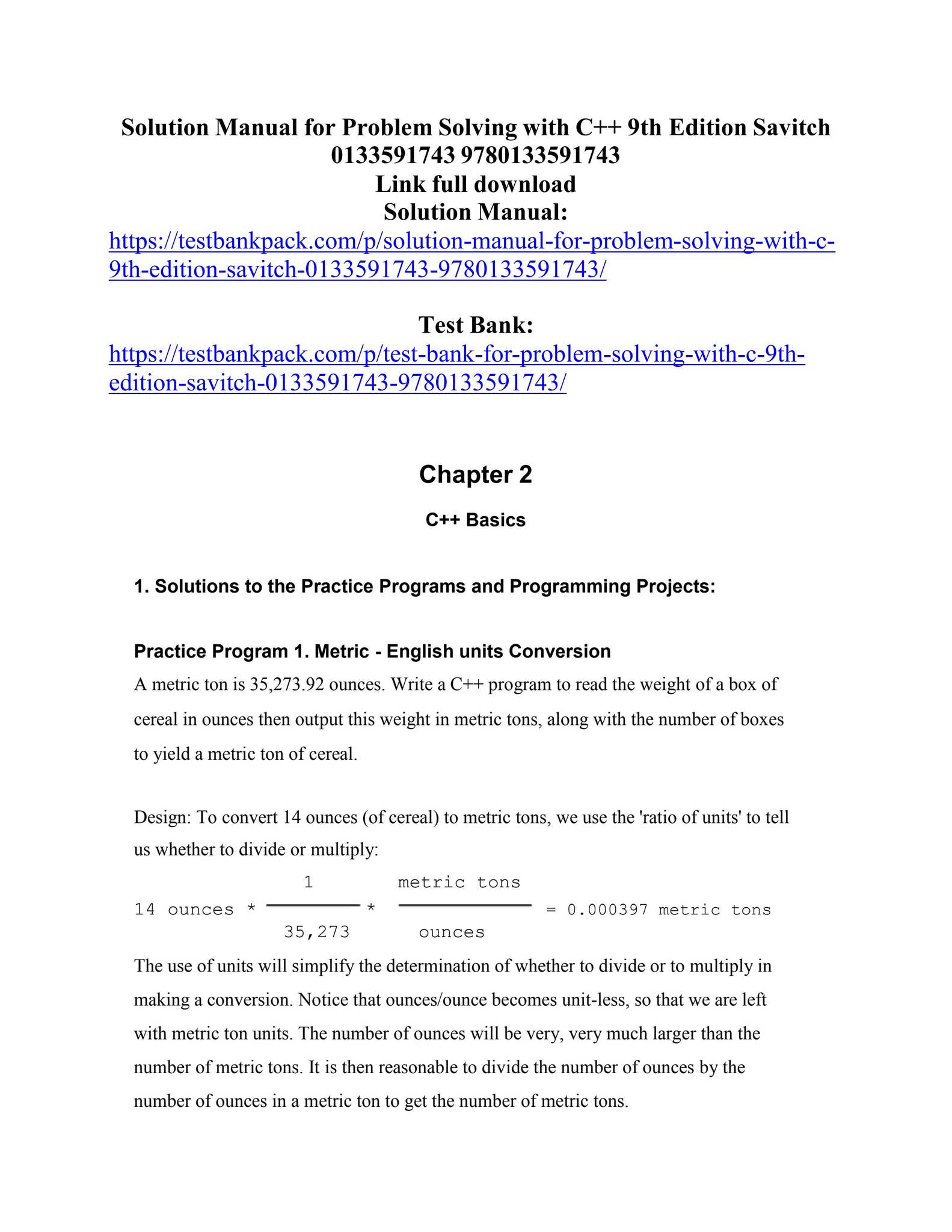 Solution manual for problem solving with c 9th edition savitch ...