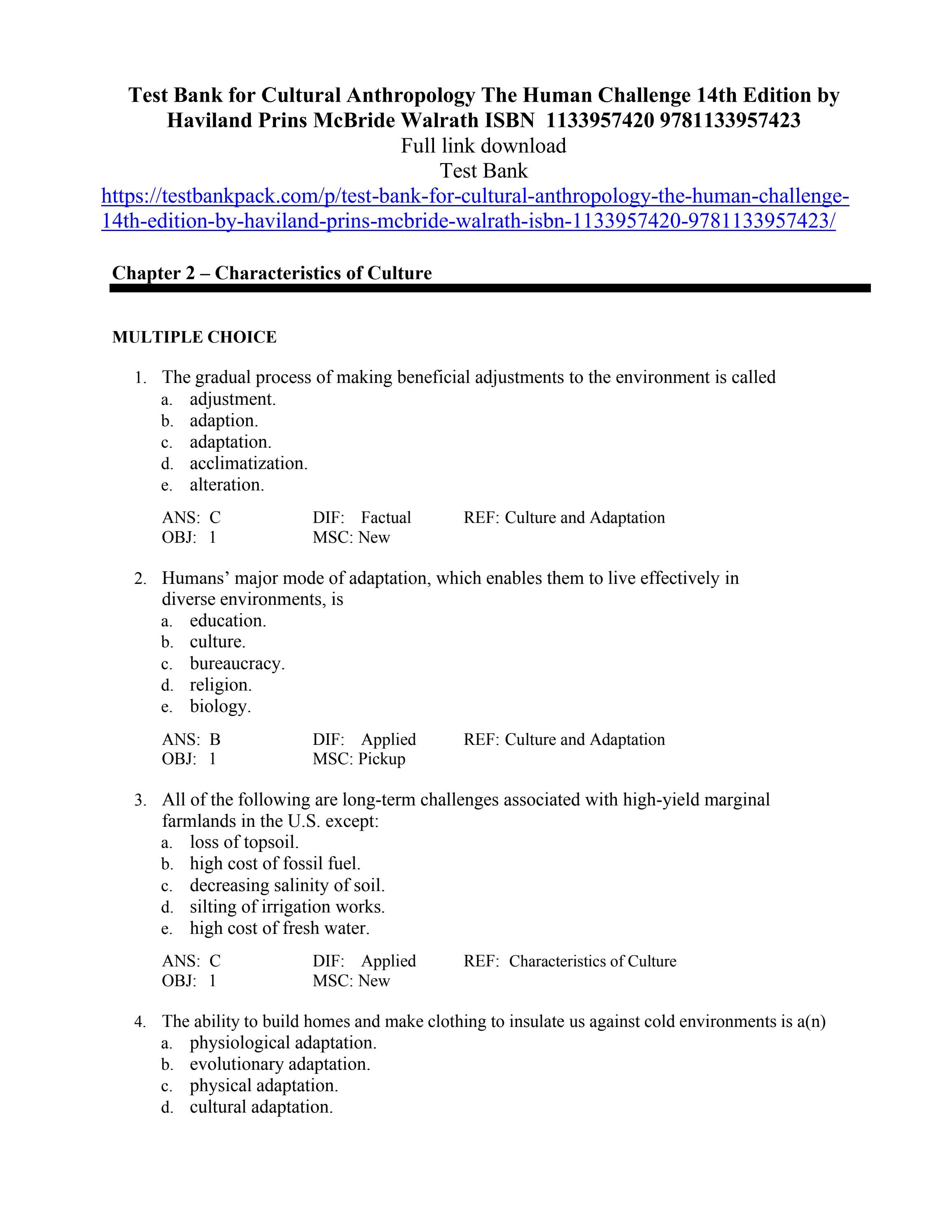 Test bank for cultural anthropology the human challenge 14th edition by ...