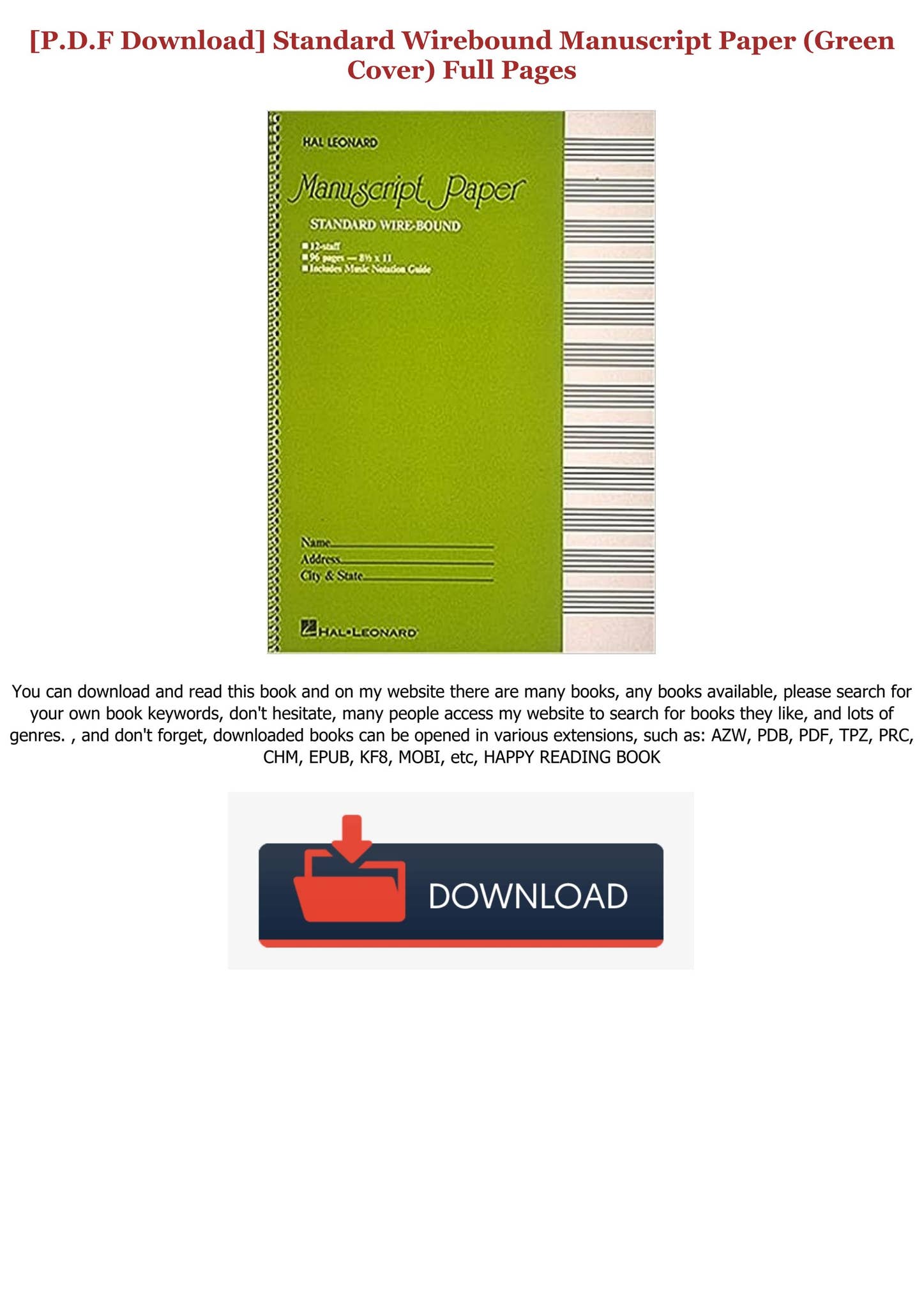 Read [PDF] Books Standard Wirebound Manuscript Paper (Green Cover) Full ...