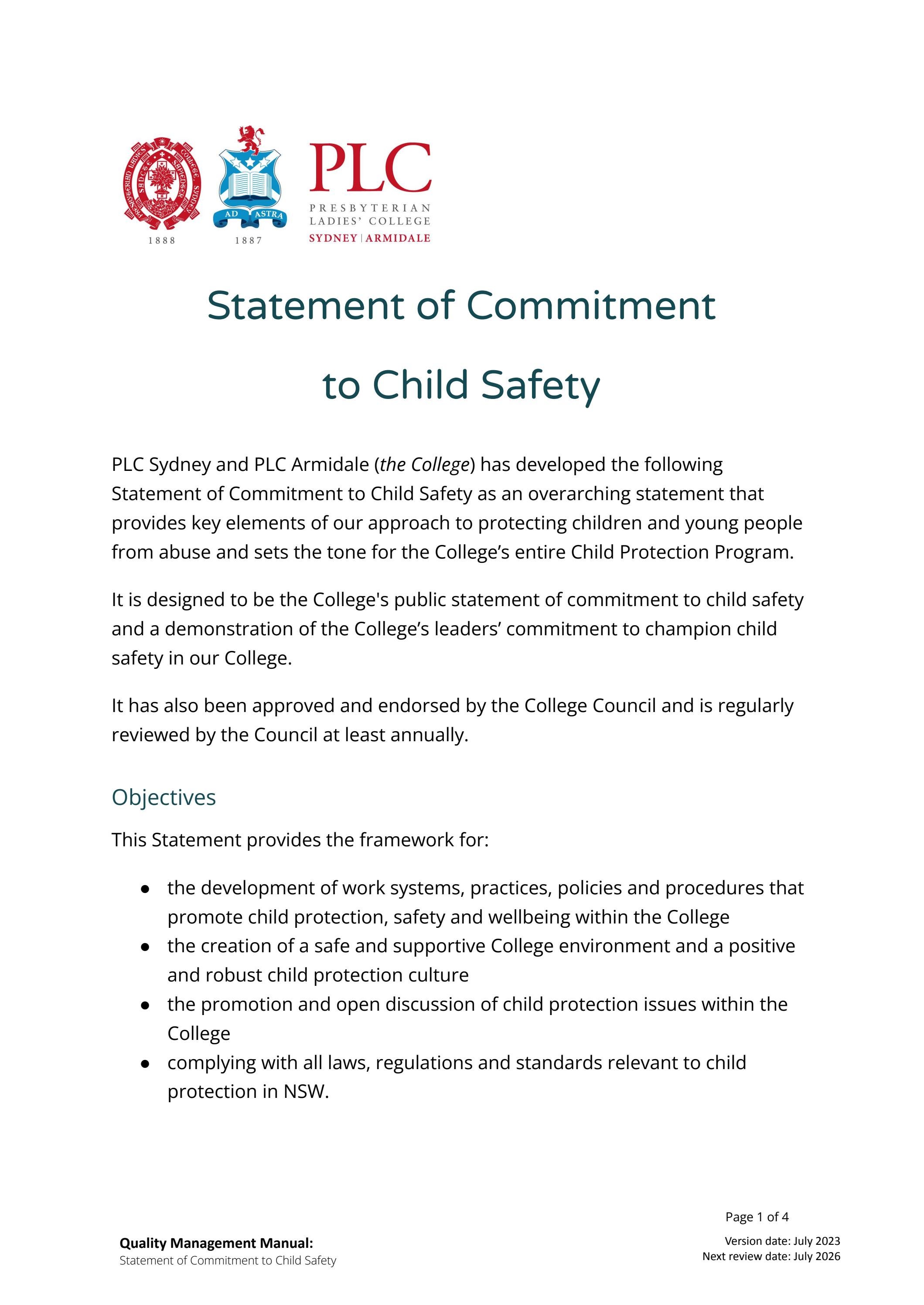 Statement of Commitment to Child Safety by PLC Sydney - Issuu
