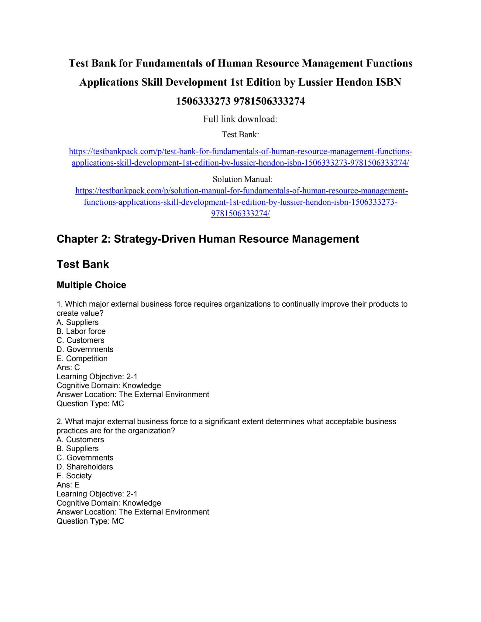 Test bank for fundamentals of human resource management functions ...