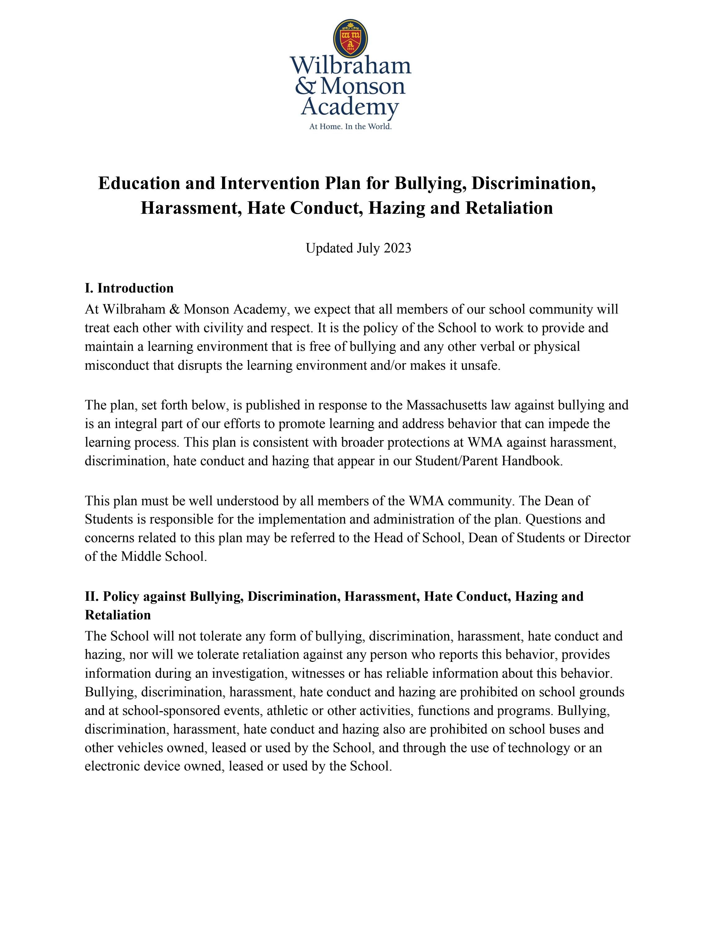 Bullying Prevention & Intervention Plan by Wilbraham & Monson Academy ...