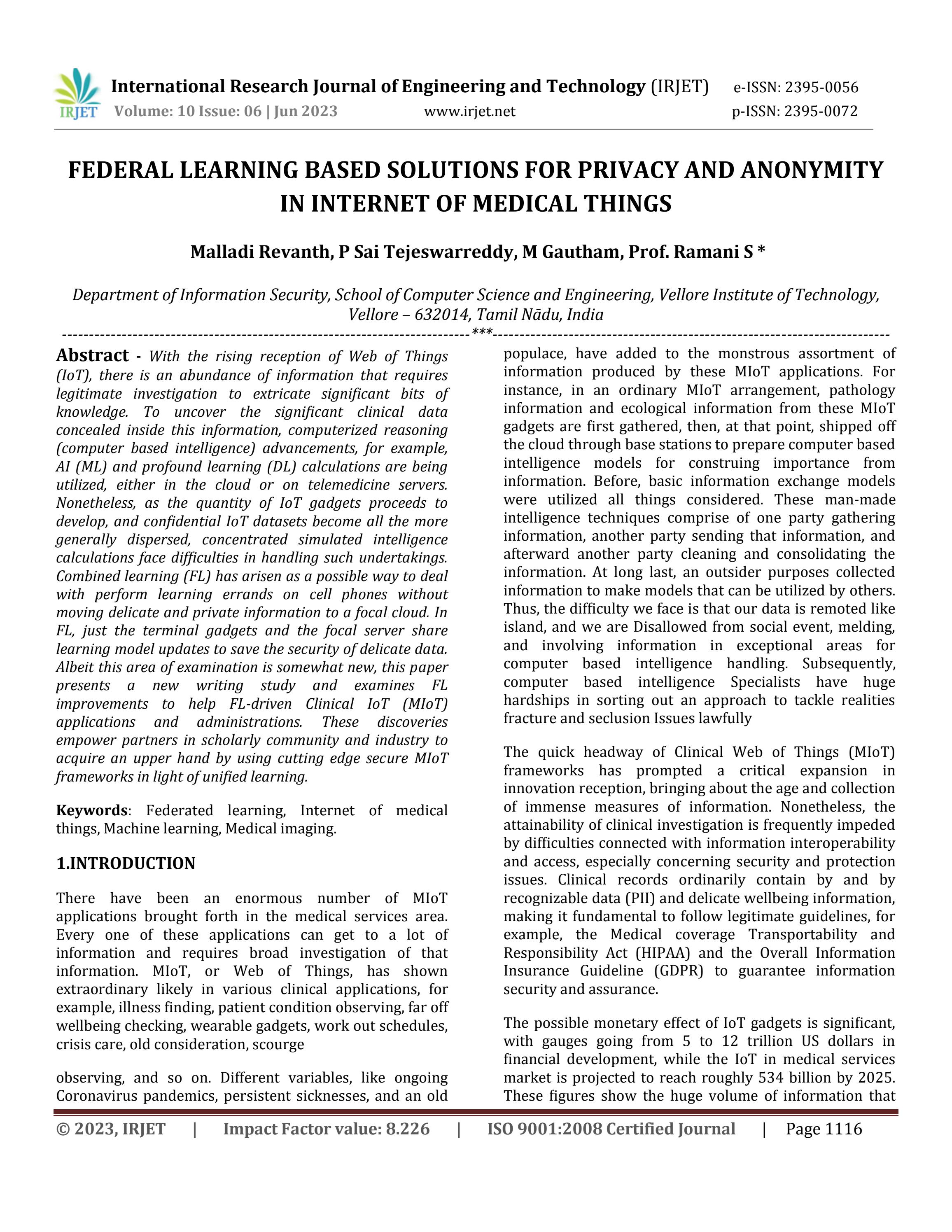 FEDERAL LEARNING BASED SOLUTIONS FOR PRIVACY AND ANONYMITY IN INTERNET OF MEDICAL THINGS by ...