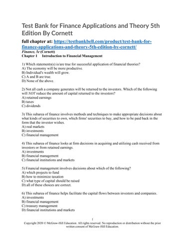 Test bank for finance applications and theory 5th edition by cornett by ...