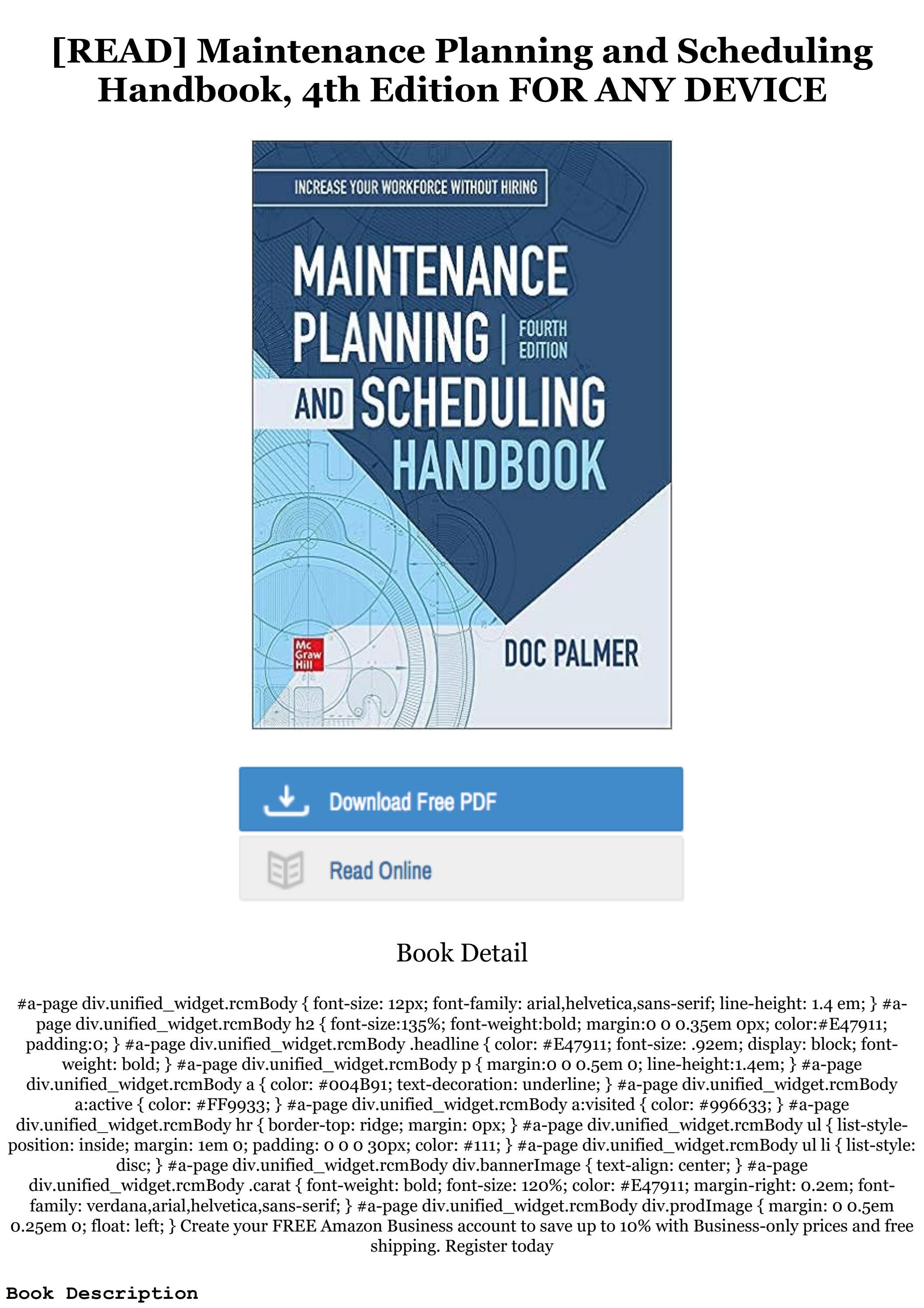 Download Ebook Maintenance Planning And Scheduling Handbook 4th Edition Full Audiobook By