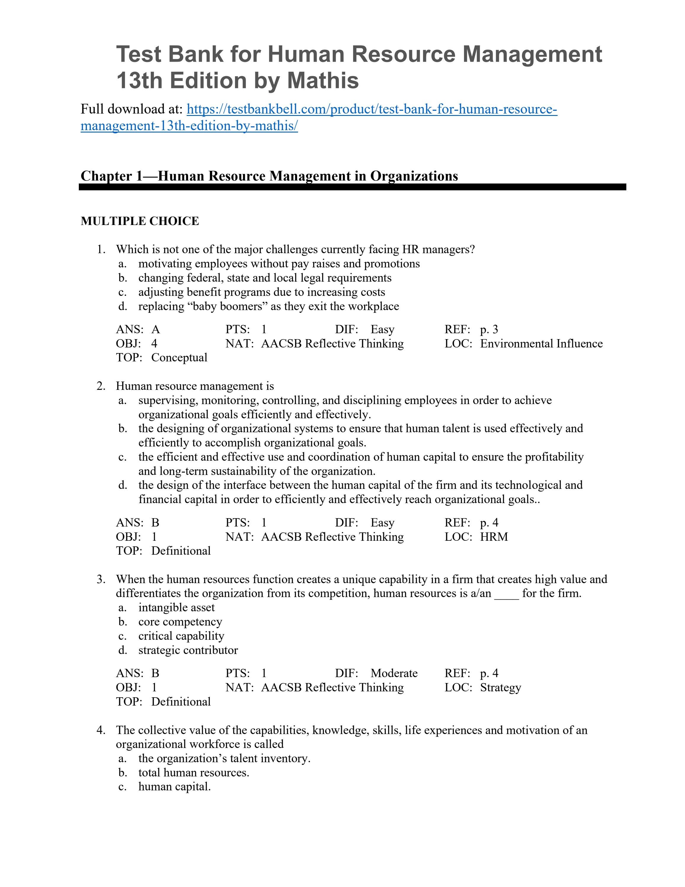 Test bank for human resource management 13th edition by mathis by jerry ...