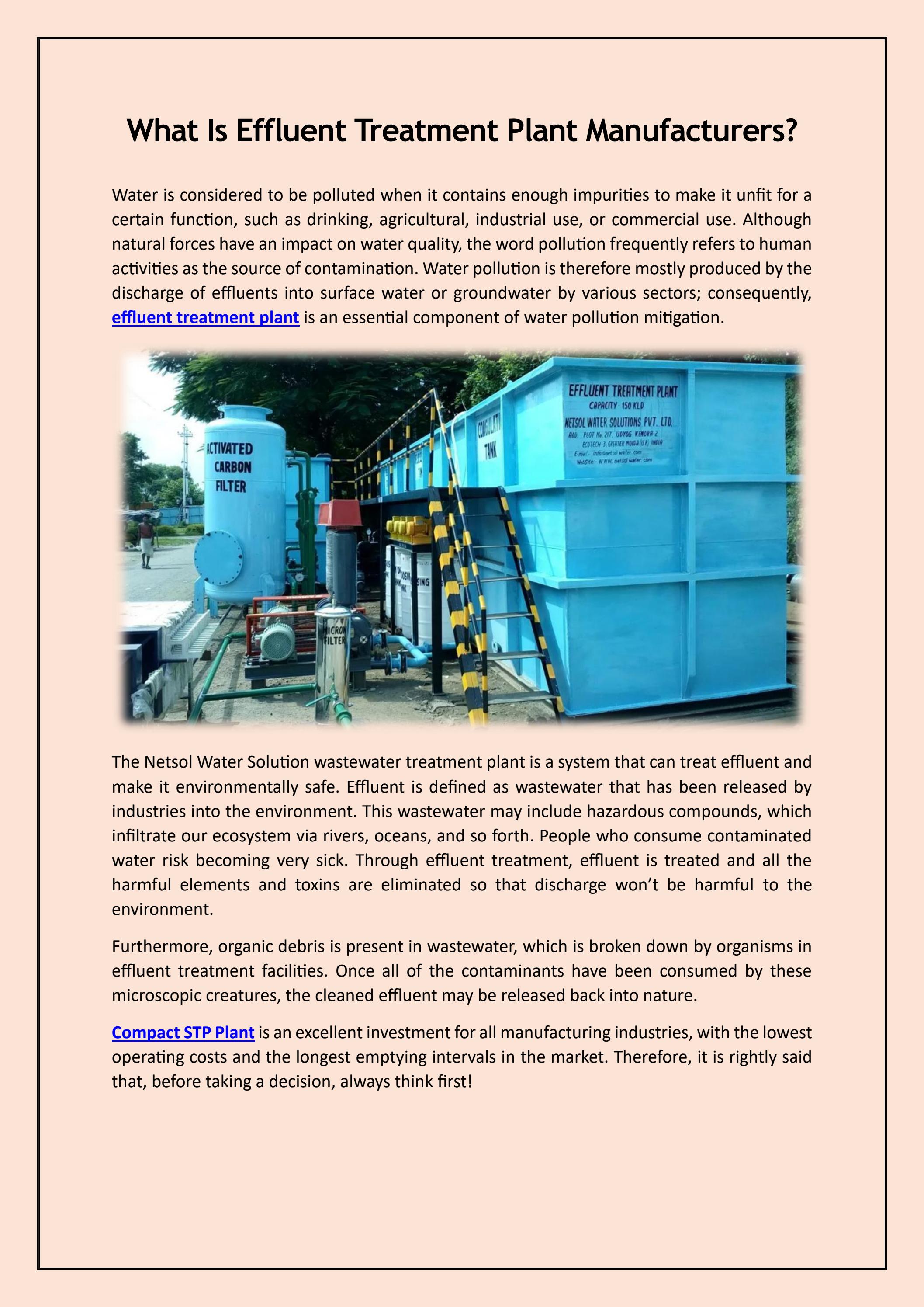 What Is Effluent Treatment Plant Manufacturers? by Compact STP Plant ...