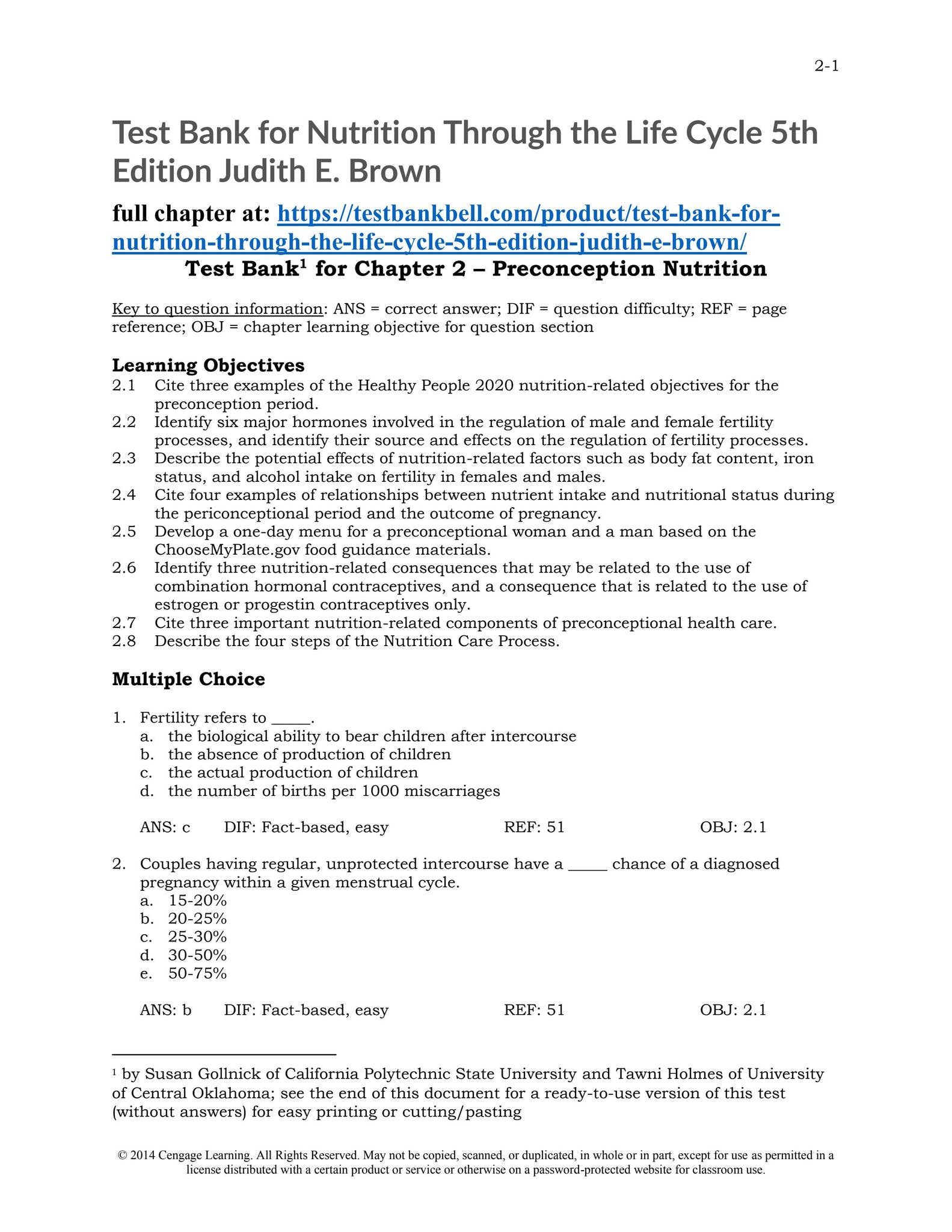 Test bank for nutrition through the life cycle 5th edition judith e ...