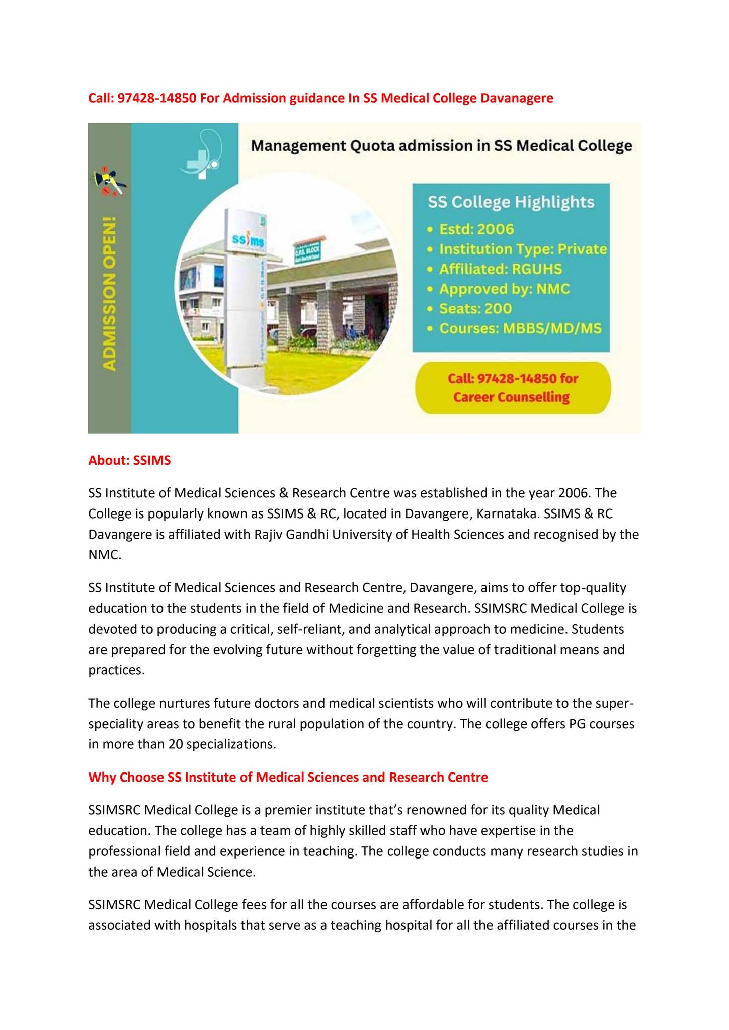 9742814850 How to get Admission in SS Medical College Davanagere by ...