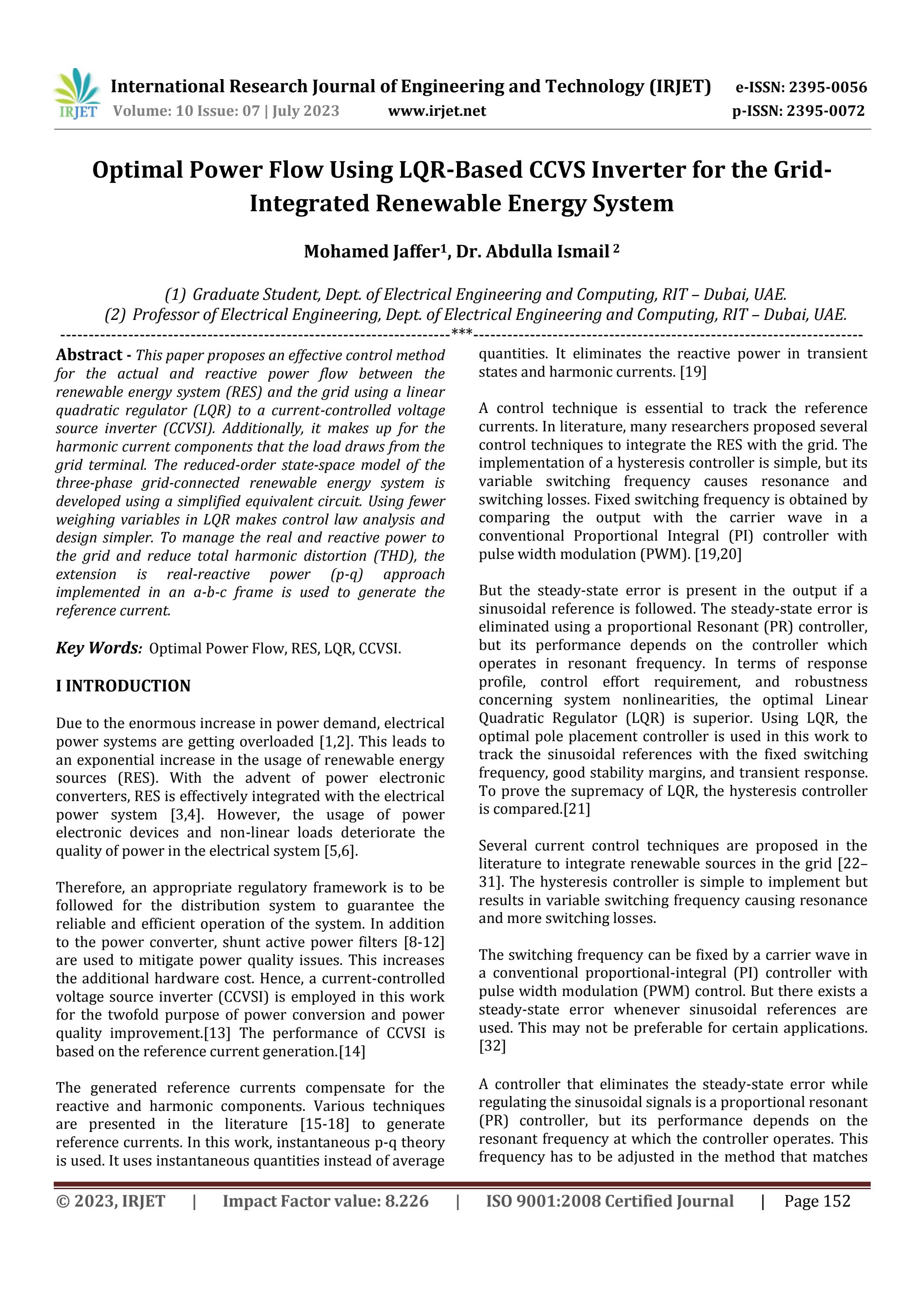 Optimal Power Flow Using LQR-Based CCVS Inverter for the Grid- Integrated Renewable Energy ...