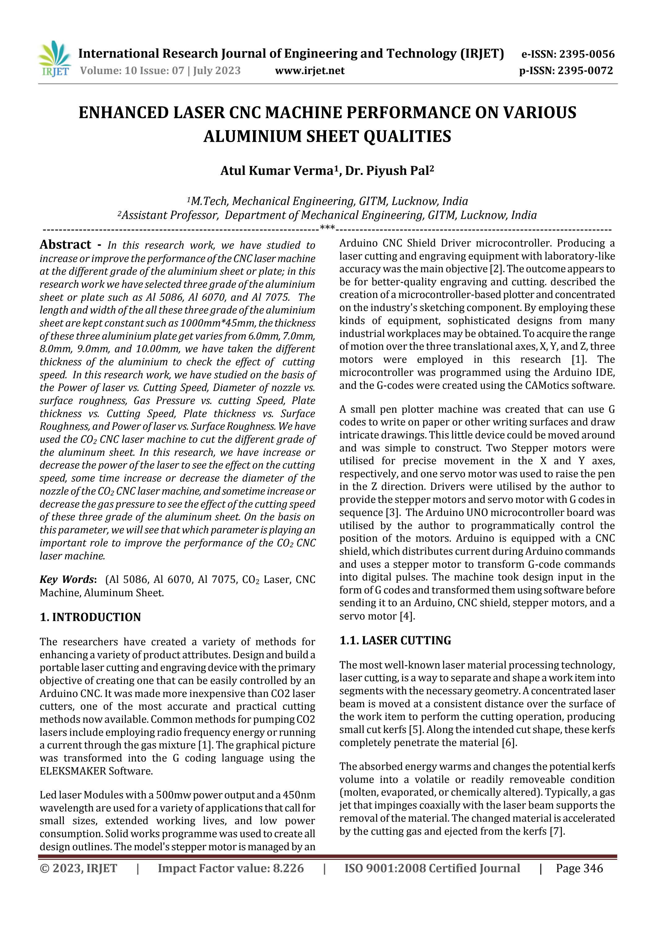 ENHANCED LASER CNC MACHINE PERFORMANCE ON VARIOUS ALUMINIUM SHEET QUALITIES by IRJET Journal - Issuu