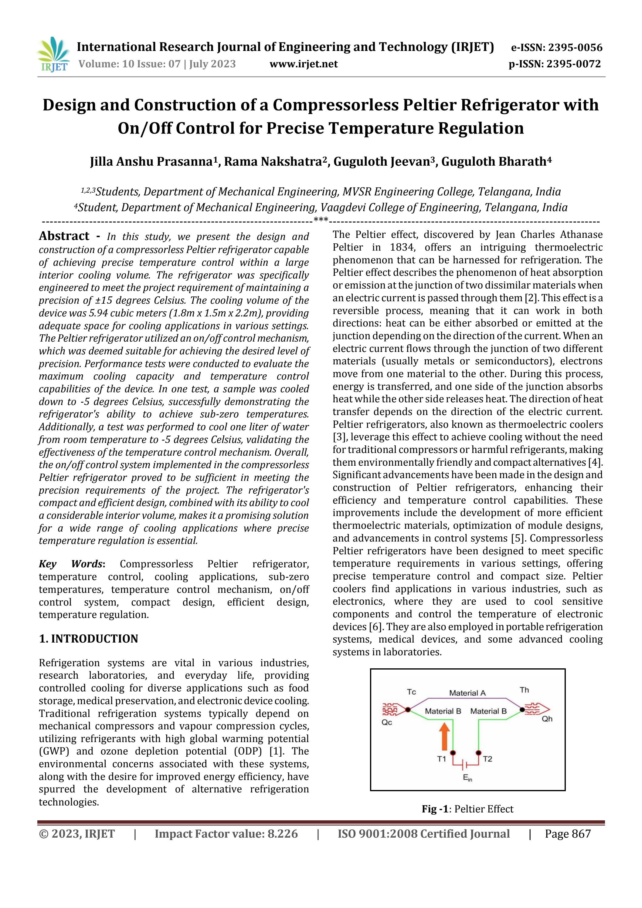 Design and Construction of a Compressorless Peltier Refrigerator with ...