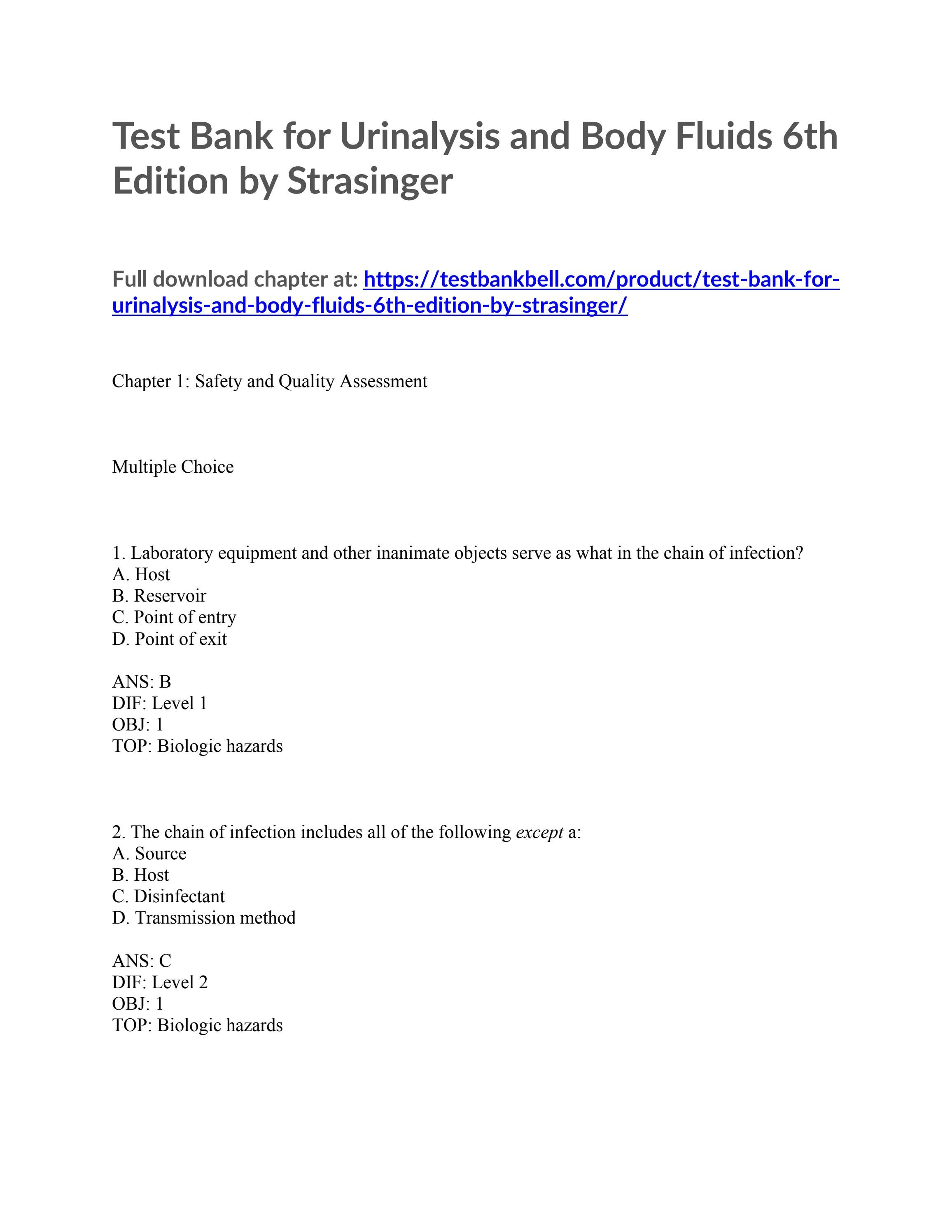 Test bank for urinalysis and body fluids 6th edition by strasinger by ...