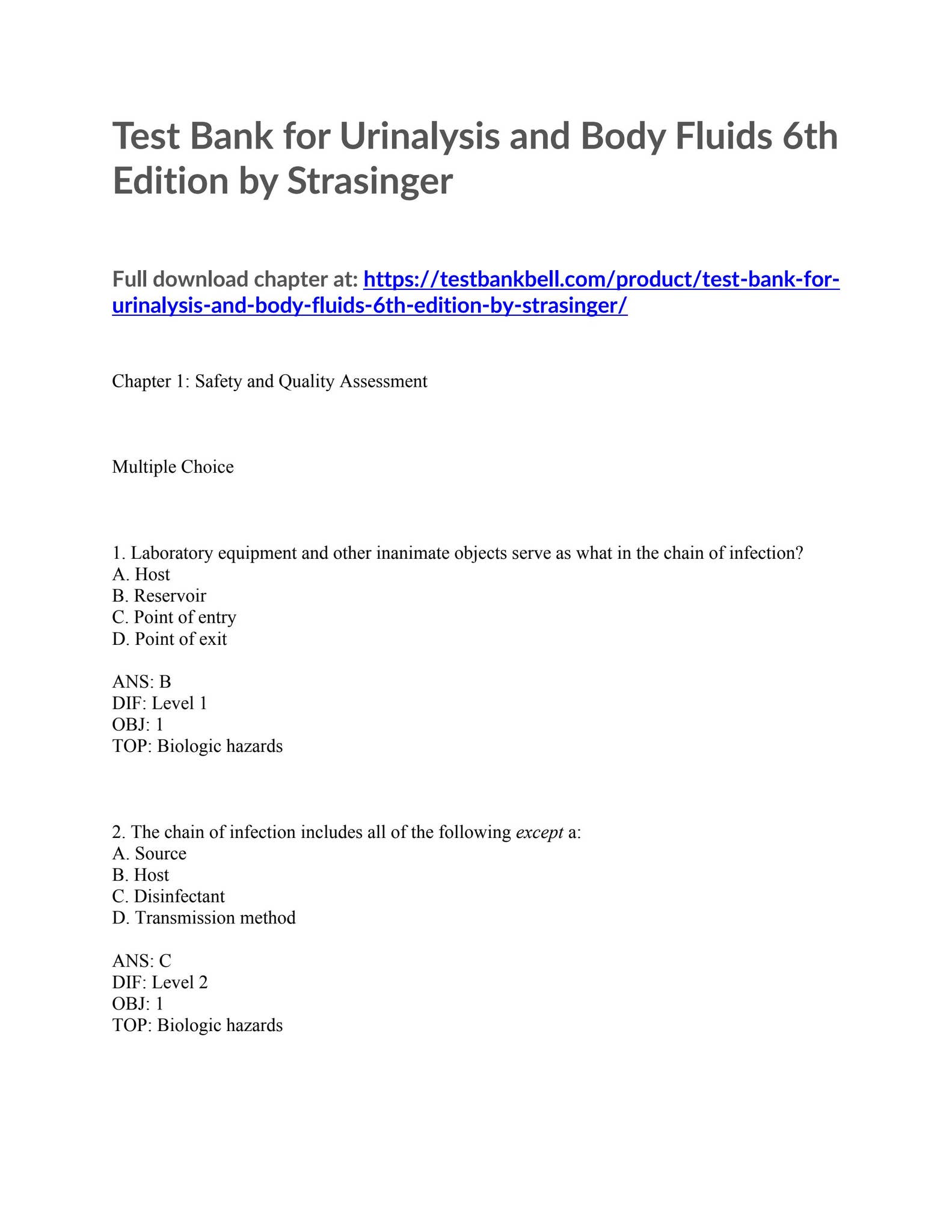 Test bank for urinalysis and body fluids 6th edition by strasinger by ...