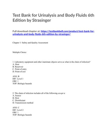 Test bank for urinalysis and body fluids 6th edition by strasinger by ...