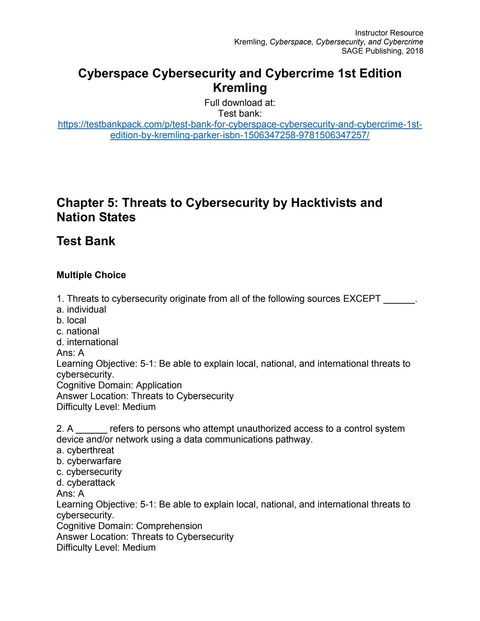 Cyberspace cybersecurity and cybercrime 1st edition kremling test bank ...