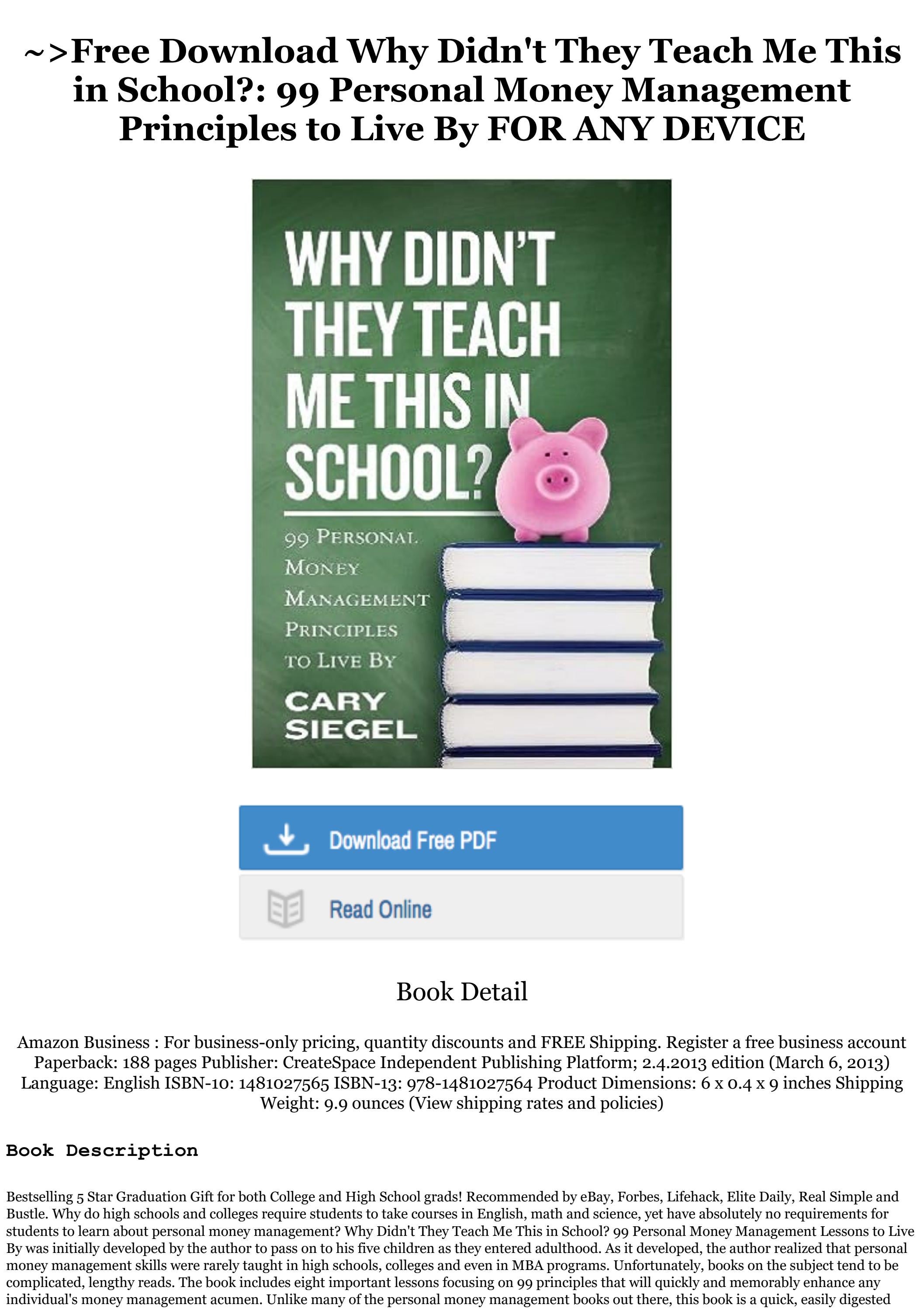 PDF DOWNLOAD Why Didn't They Teach Me This in School?: 99 Personal ...