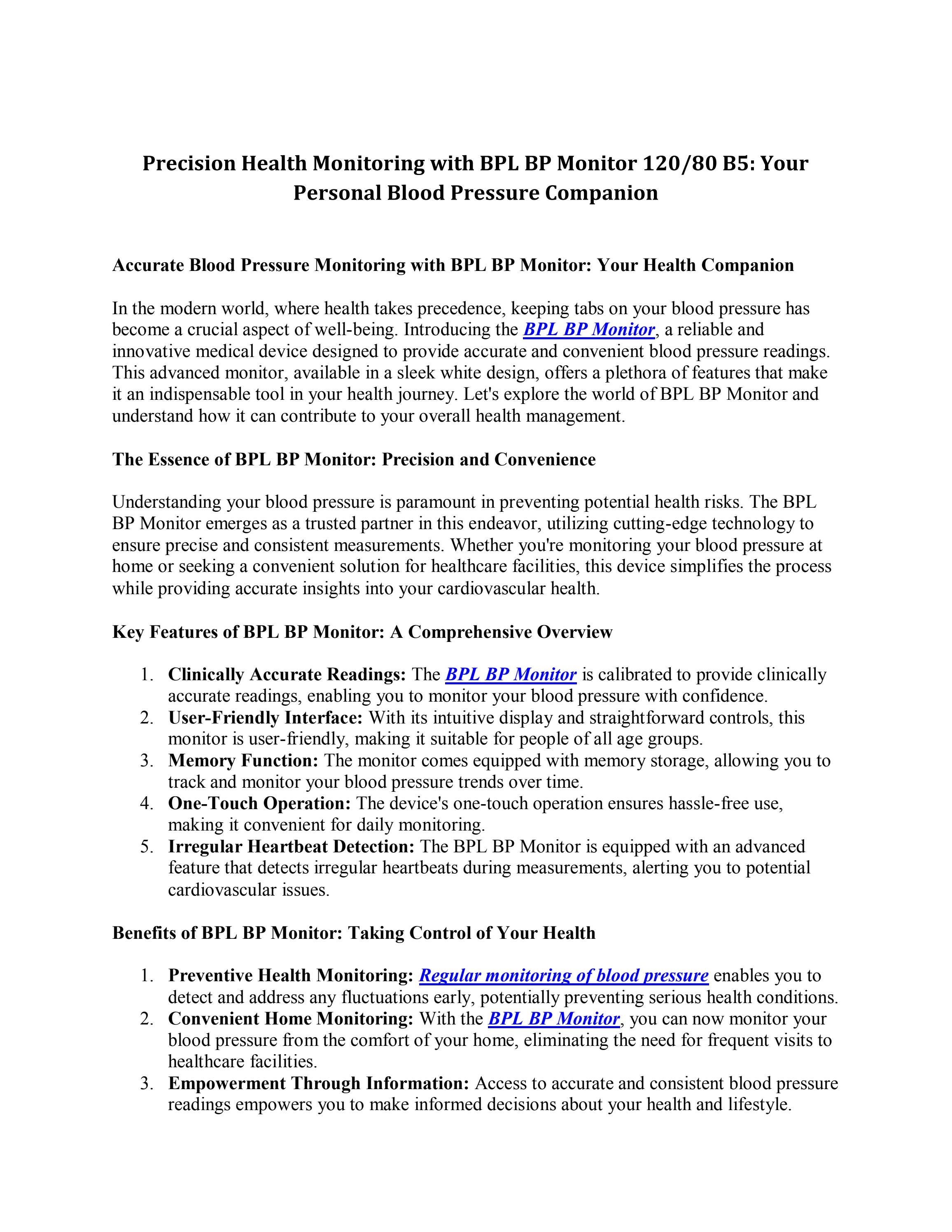 Precision Health Monitoring with BPL BP Monitor 120/80 B5: Your ...