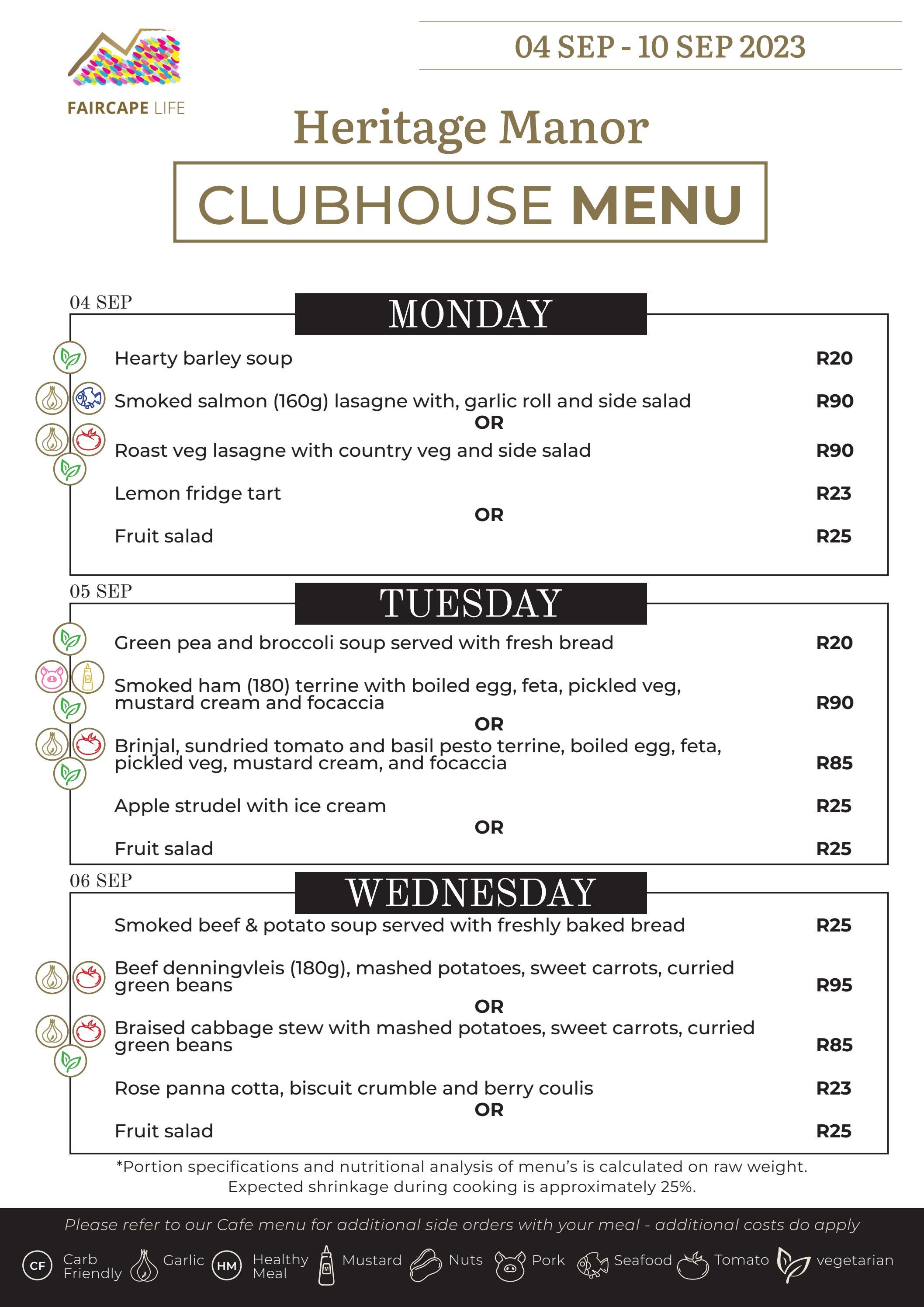 Clubhouse Menus | Heritage Manor | September - October by Faircape ...