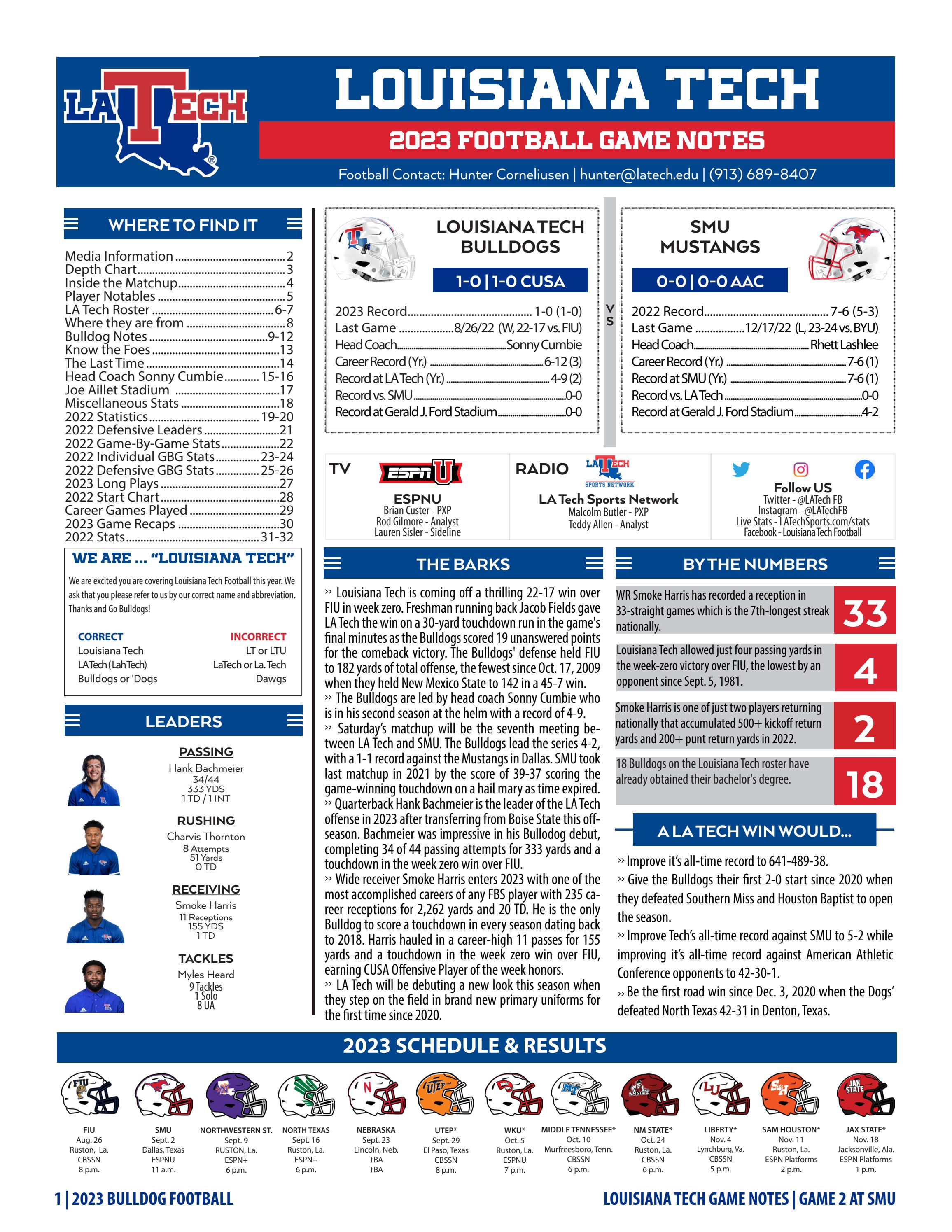 LA Tech SMU Game Notes by Louisiana Tech Athletics - Issuu