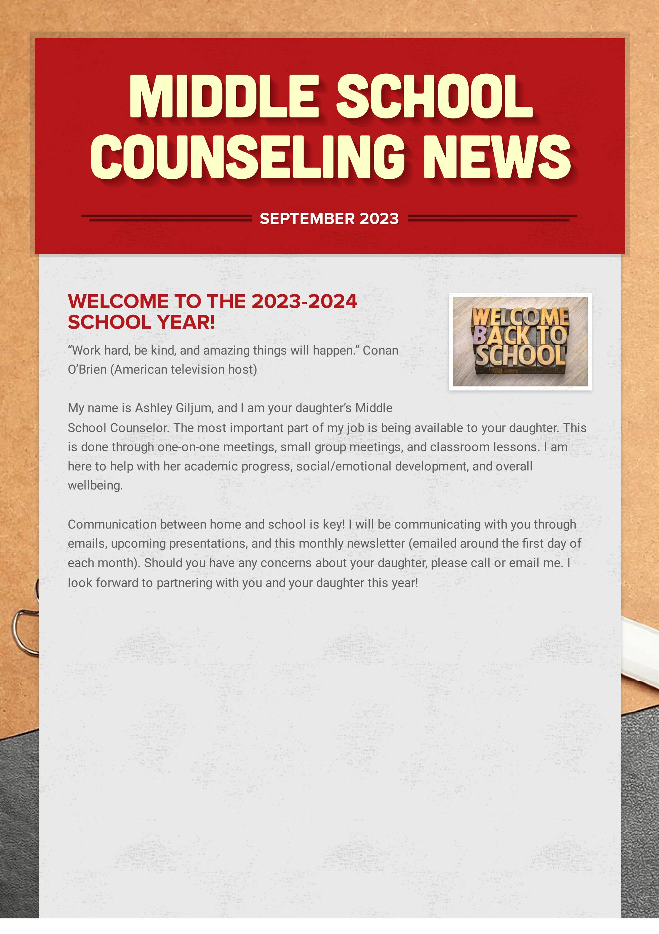 Middle School Counseling Newsletter - September 2023 by Visitation ...