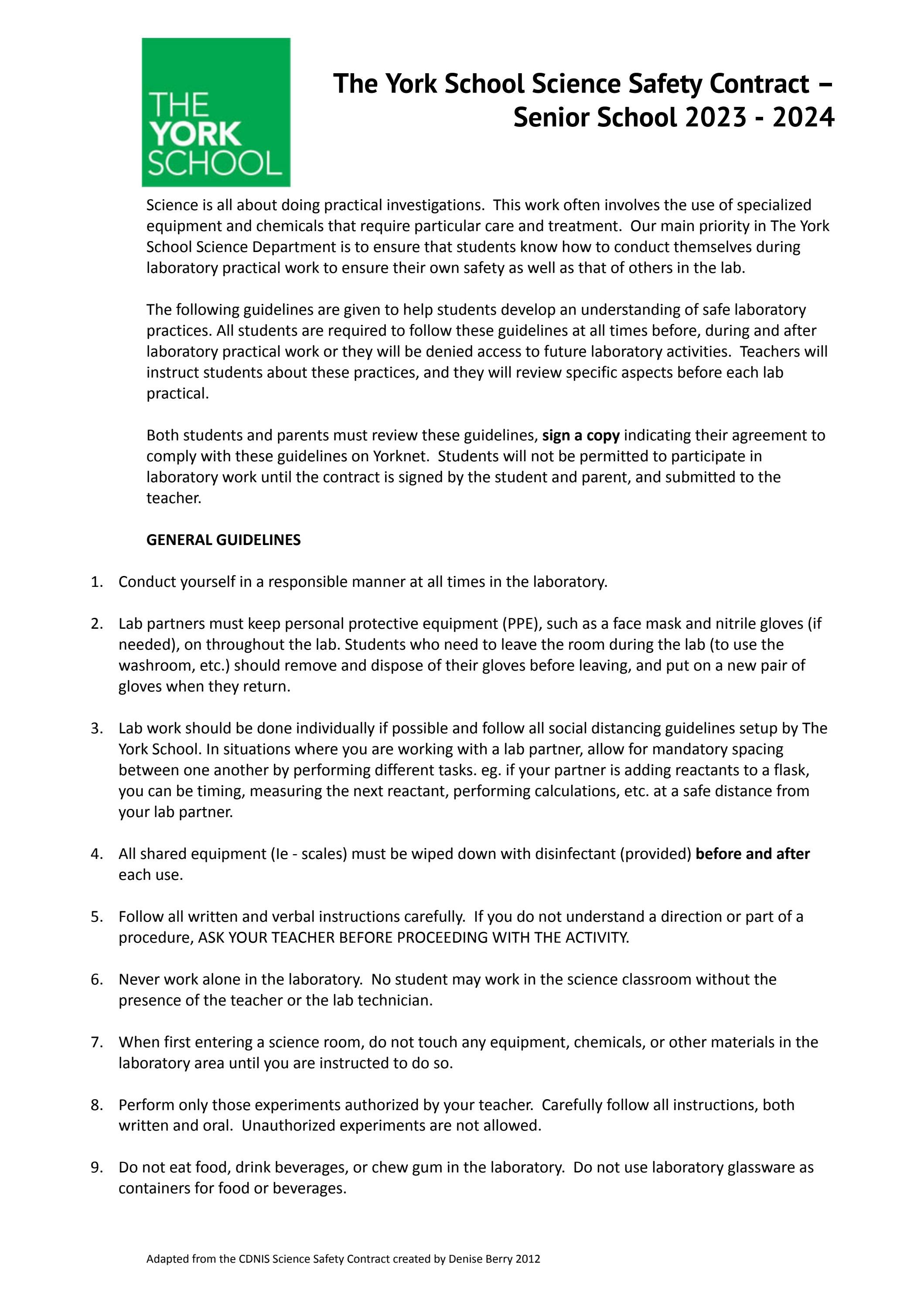 2023-2024 SS Science Safety Contract by The York School - Issuu