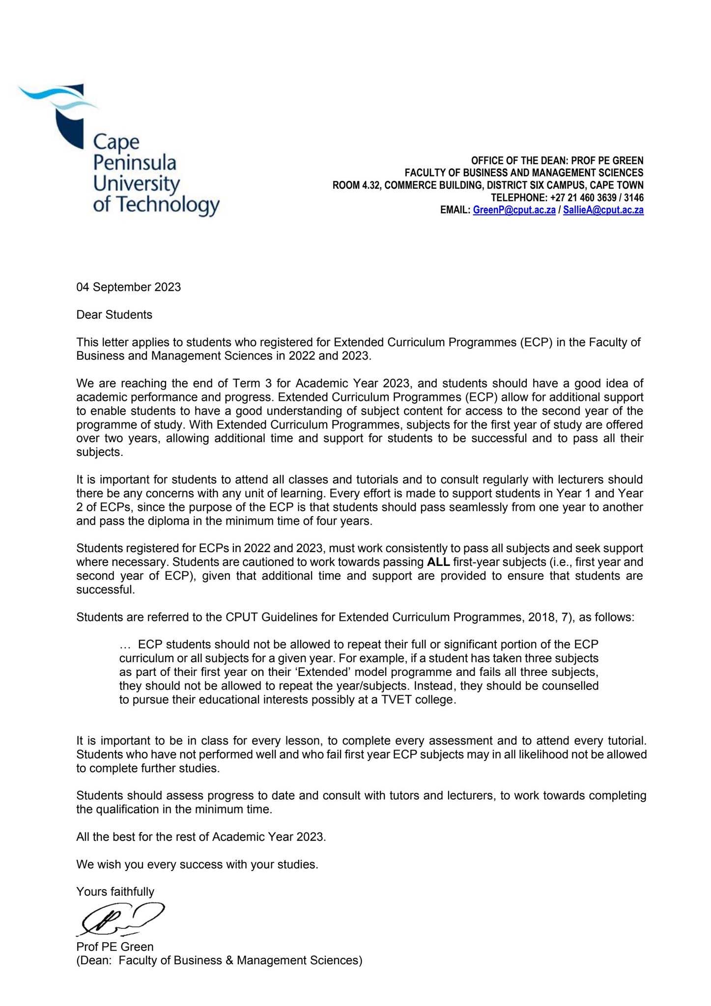 FBMS Letter to ECP Students 04 September 2023 by Cape Peninsula ...