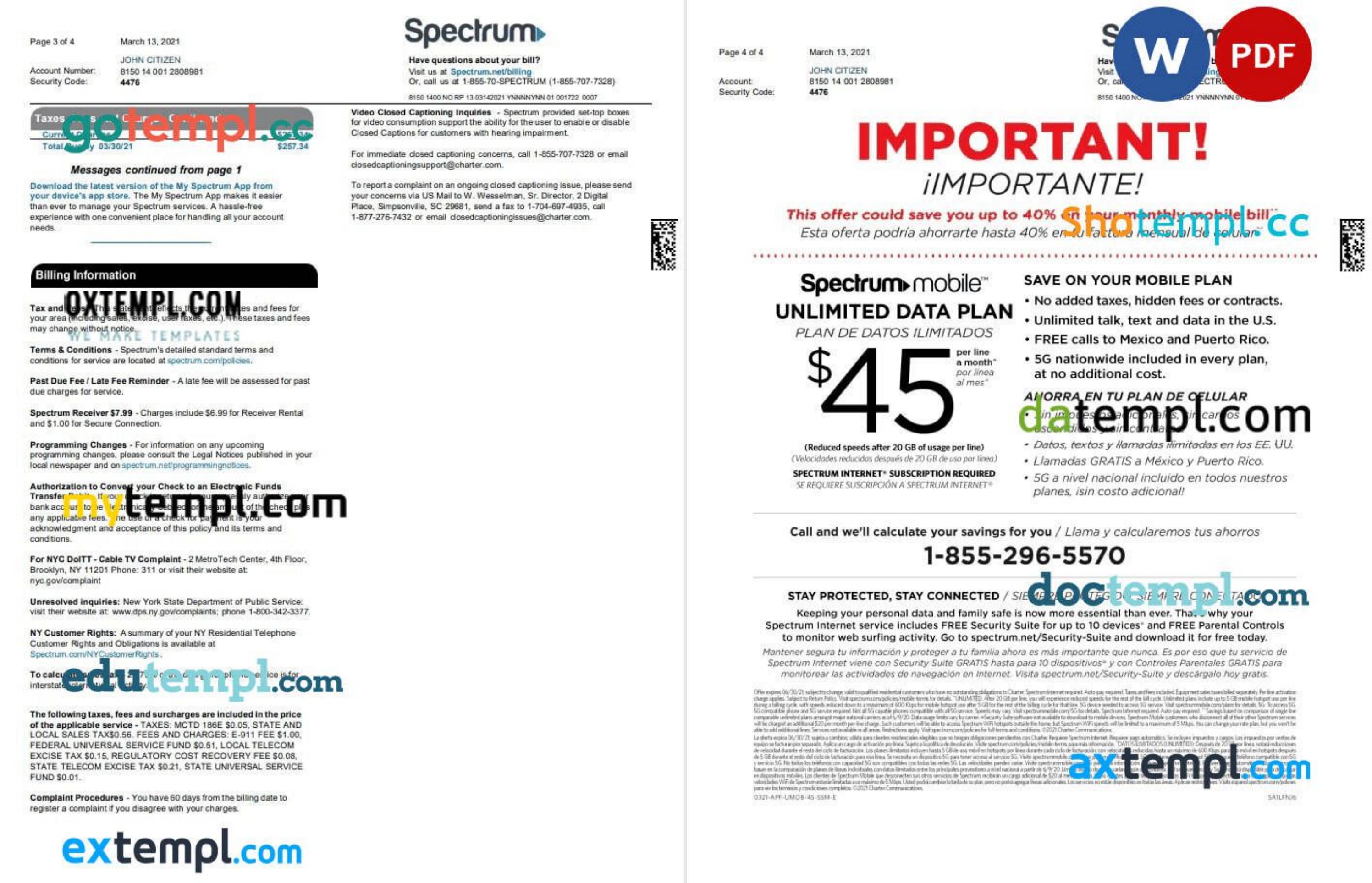 USA Spectrum utility bill template in Word and PDF format (4 pages) by ...