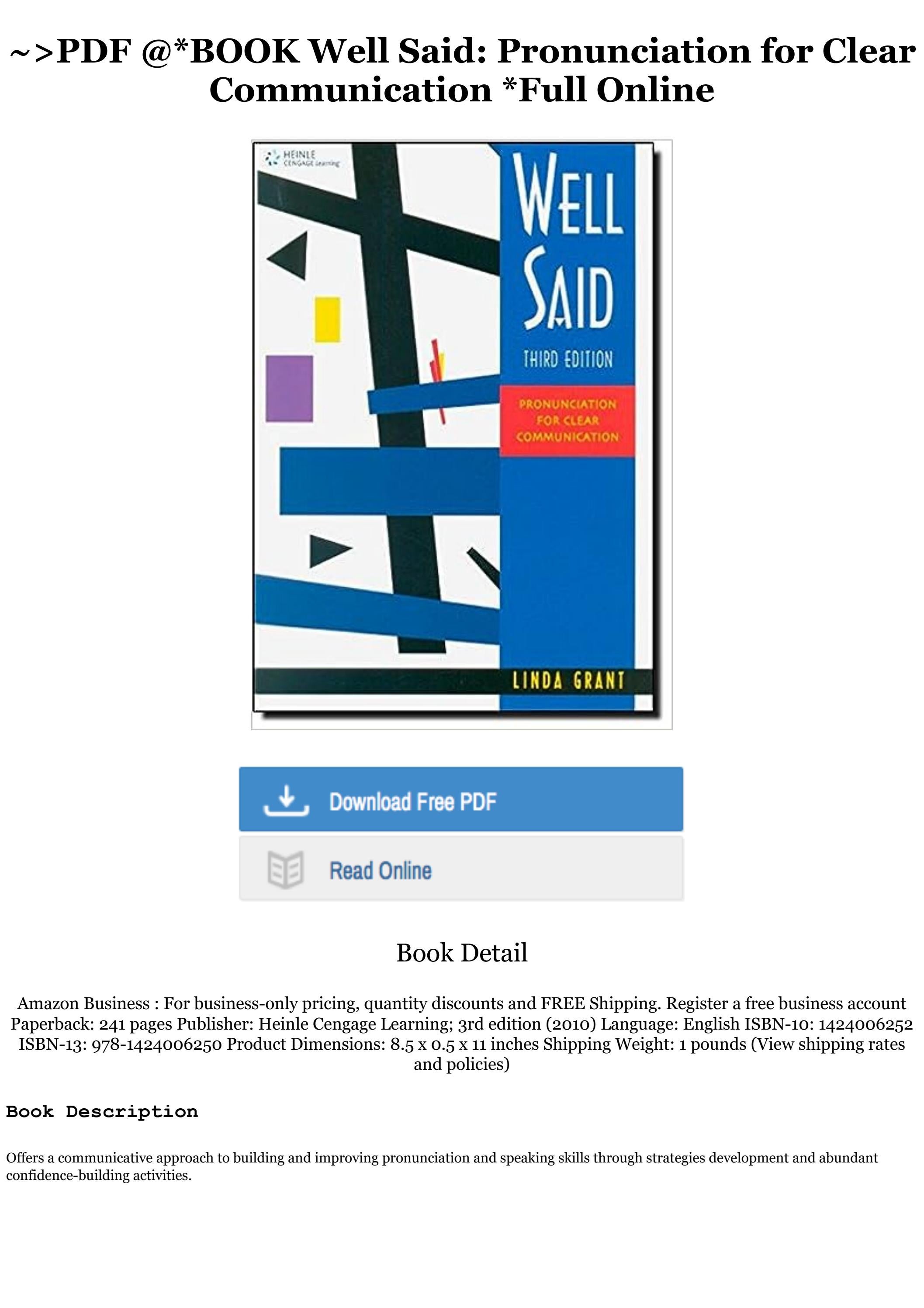 Bestsellers***) Read Book [PDF] Well Said: Pronunciation for Clear ...